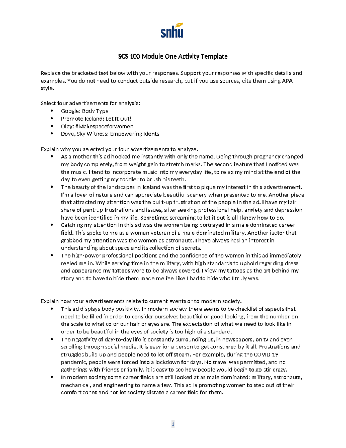 SCS 100 Module One Activity - Support your responses with specific ...