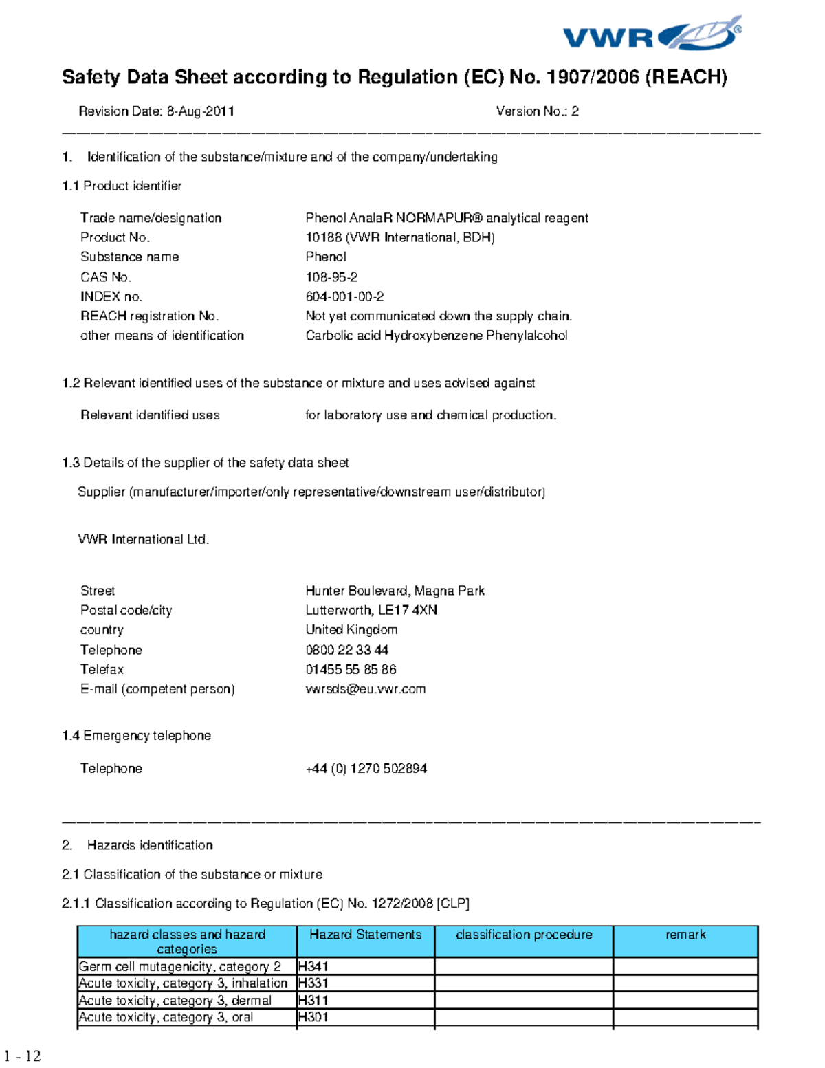Phenol MSDS - some lab notes - Safety Data Sheet according to ...
