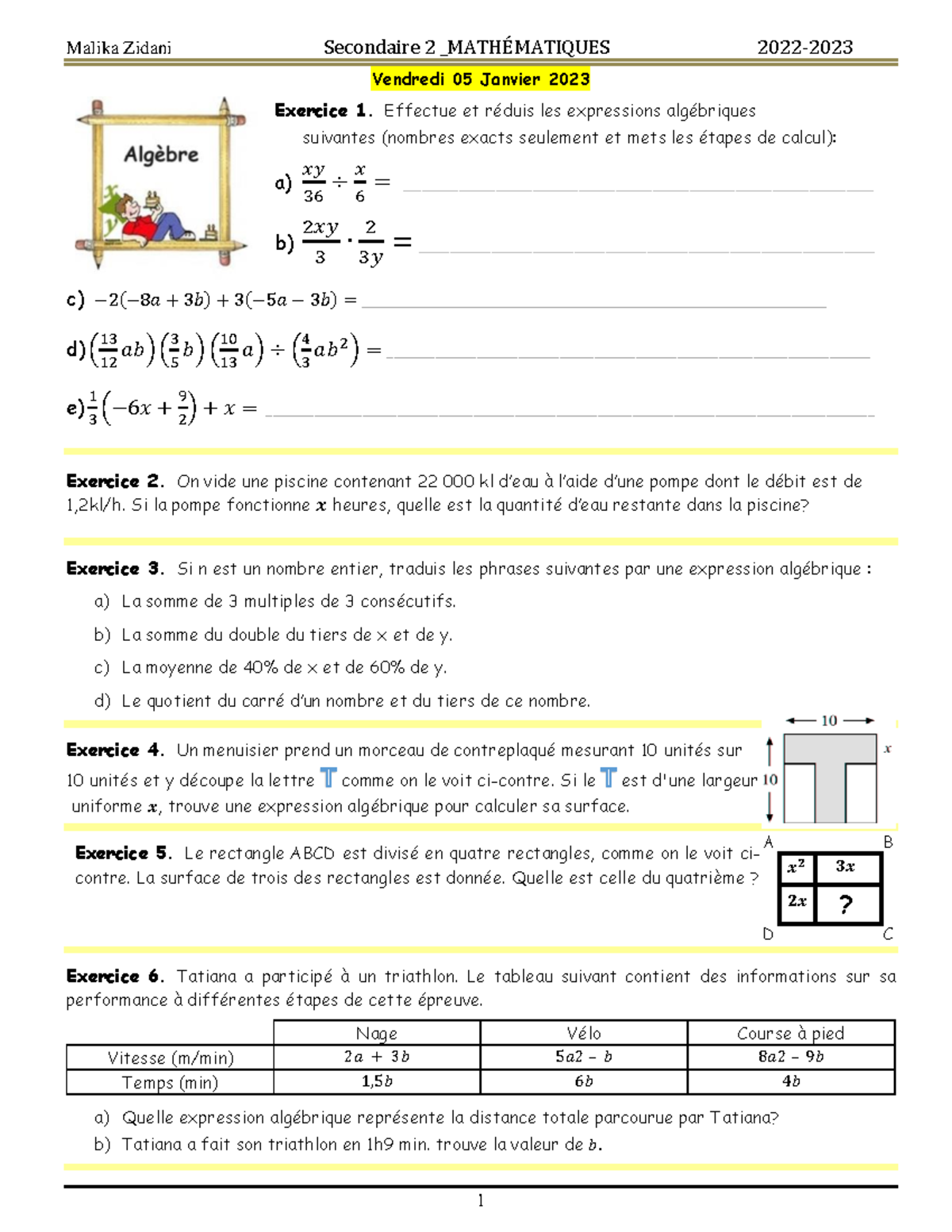 Secondaire 2 algebre 05-01-2024 - Vendredi 05 Janvier 2023 Exercice 1 ...