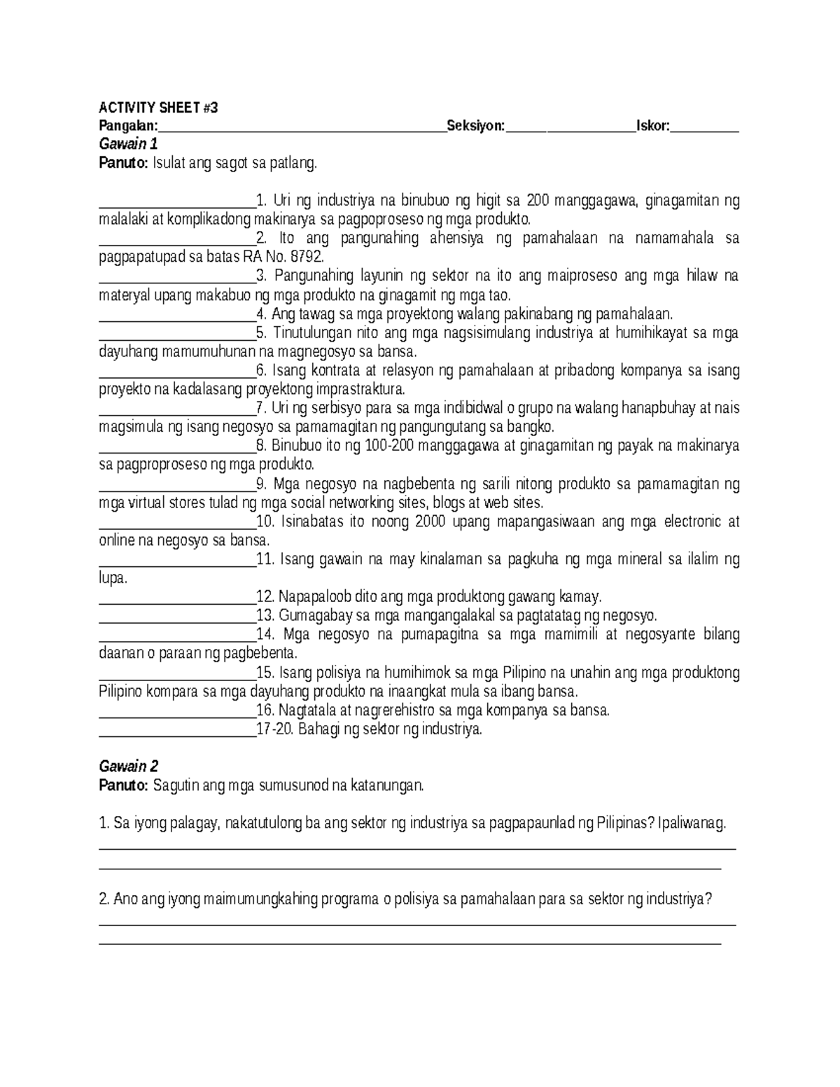 Araling Panlipunan - ACTIVITY SHEET - Studocu