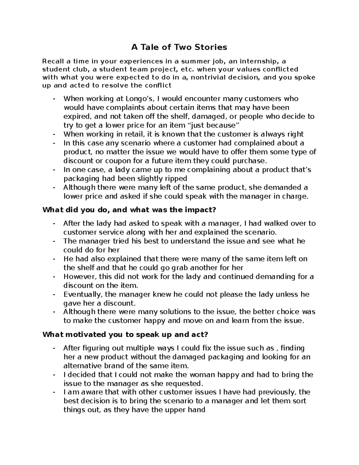 Tale of Two Stories - A Tale of Two Stories Recall a time in your ...