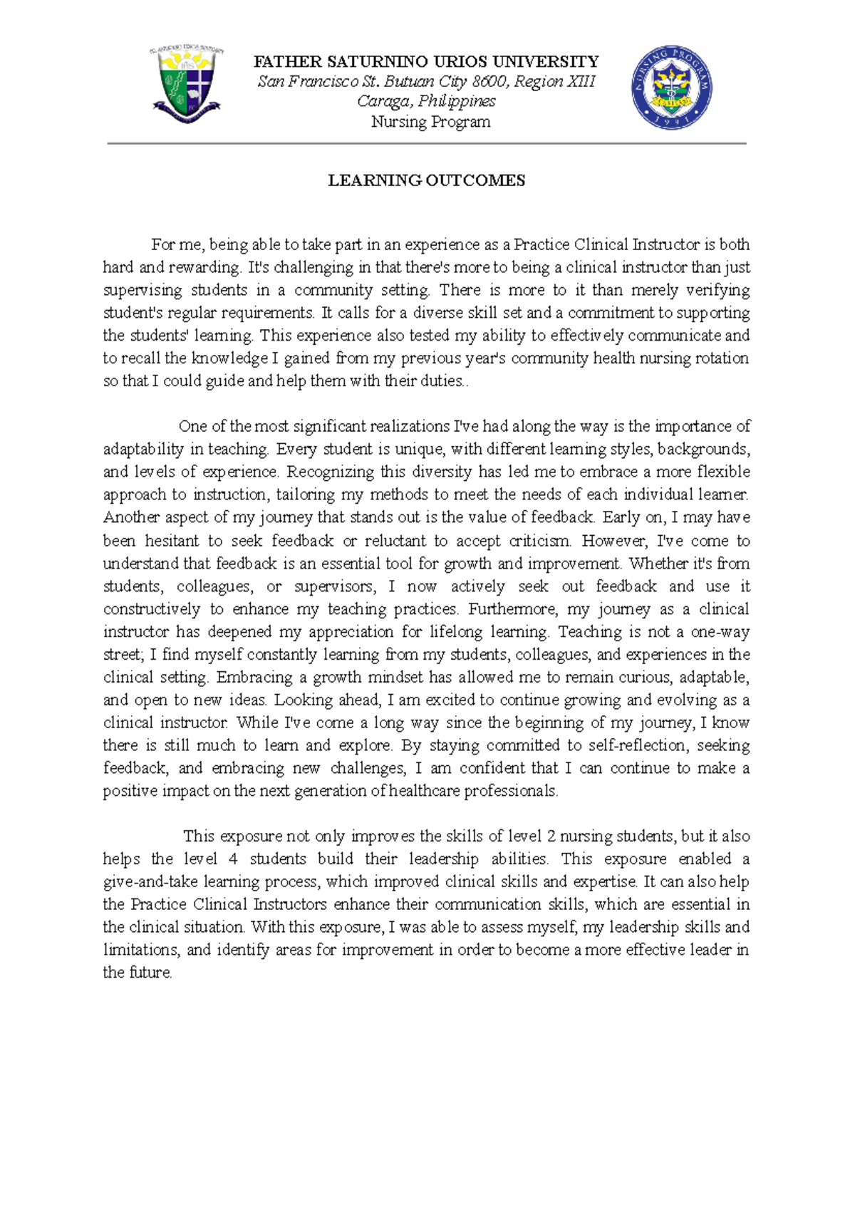 Learning Outcomes-PCI - FATHER SATURNINO URIOS UNIVERSITY San Francisco ...