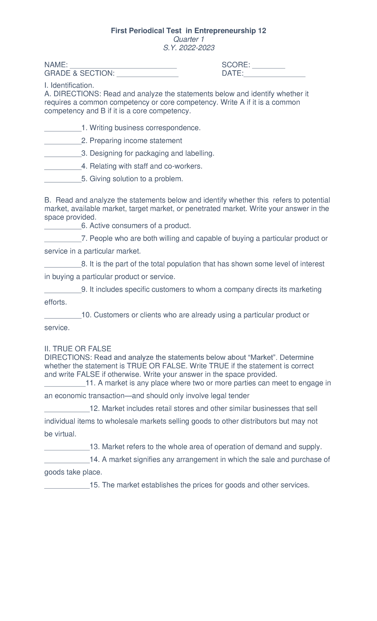 1ST entrep - examination - First Periodical Test in Entrepreneurship 12 ...
