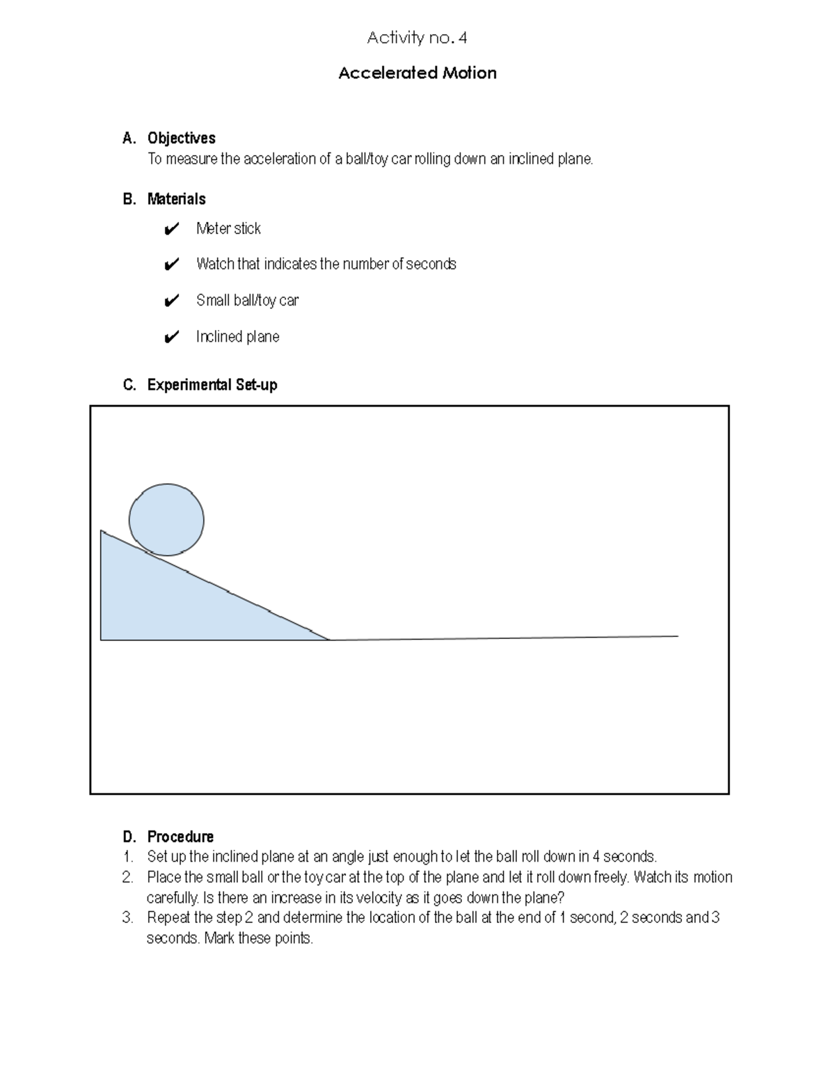 Activity no. 4 (Acceleration) - Activity no. 4 Accelerated Motion A ...