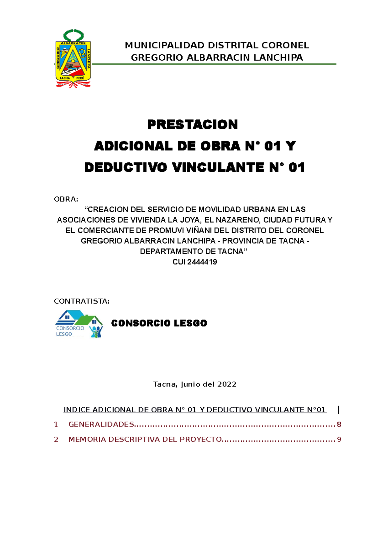 Adicional N° 01 Y Deductivo N°01 MOD - MUNICIPALIDAD DISTRITAL CORONEL GREGORIO ALBARRACIN ...