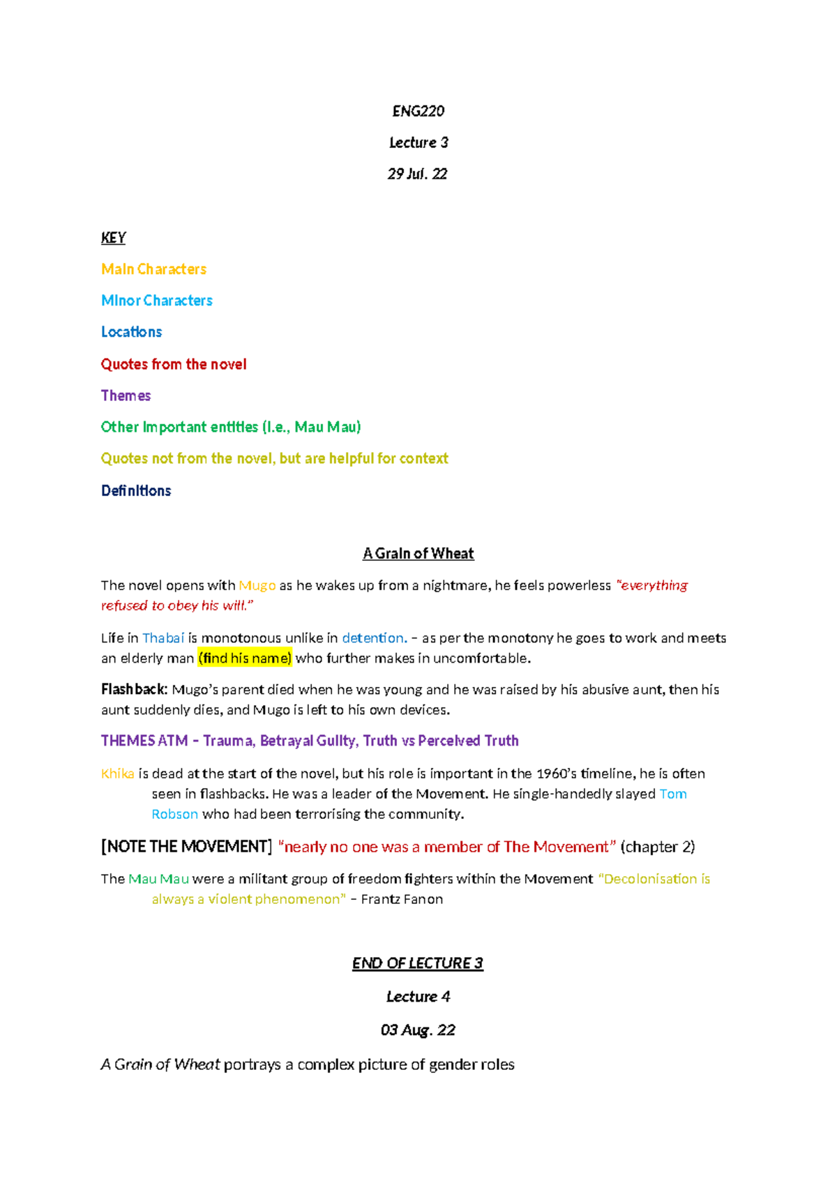 ENG220 Lecture Notes - ENG Lecture 3 29 Jul. 22 KEY Main Characters ...