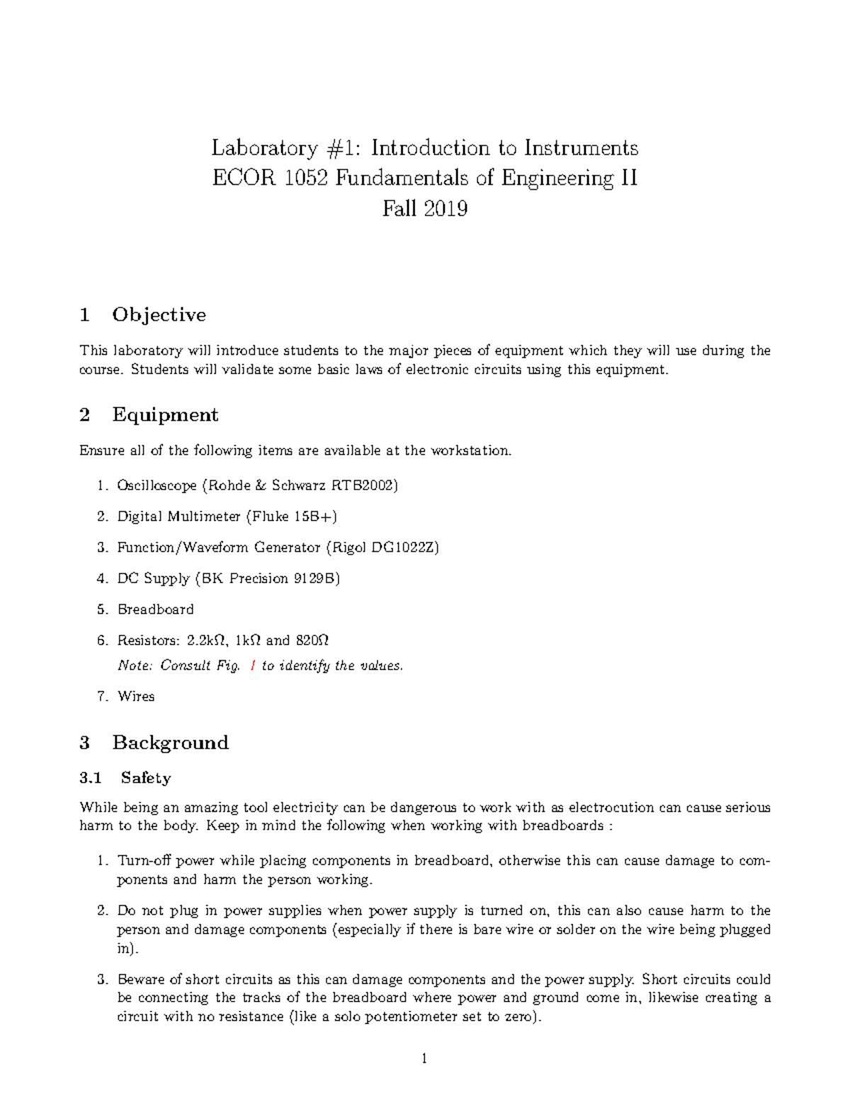 Lab 1 V4 - Lab 1 - Laboratory #1: Introduction to Instruments ECOR 1052 Fundamentals of ...