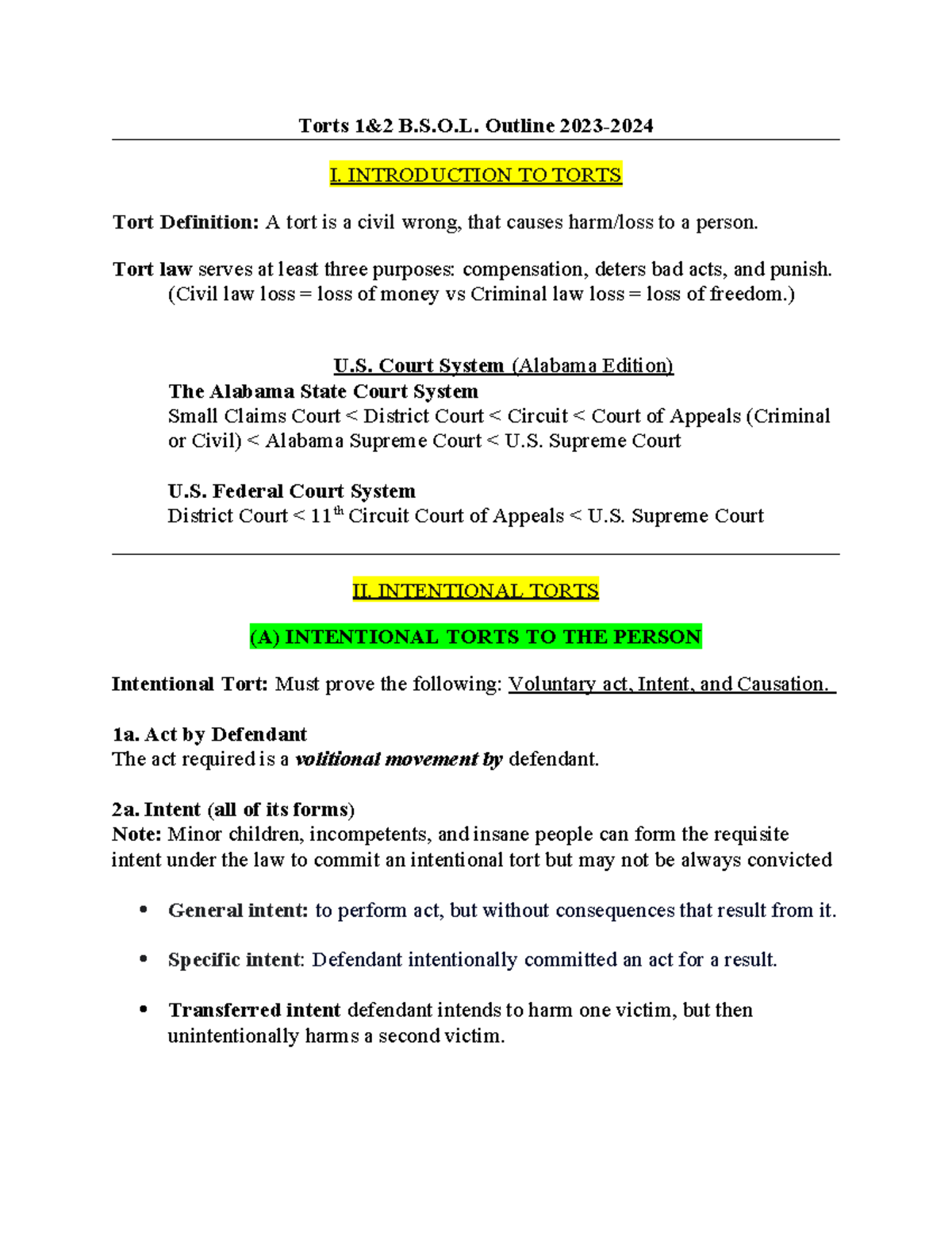 Torts Outline - Torts 1&2 B.S.O. Outline 2023- I. INTRODUCTION TO TORTS ...