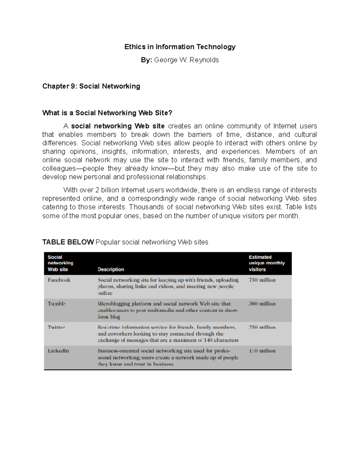 Chapter 9 what is a social networking web site - Ethics in Information ...