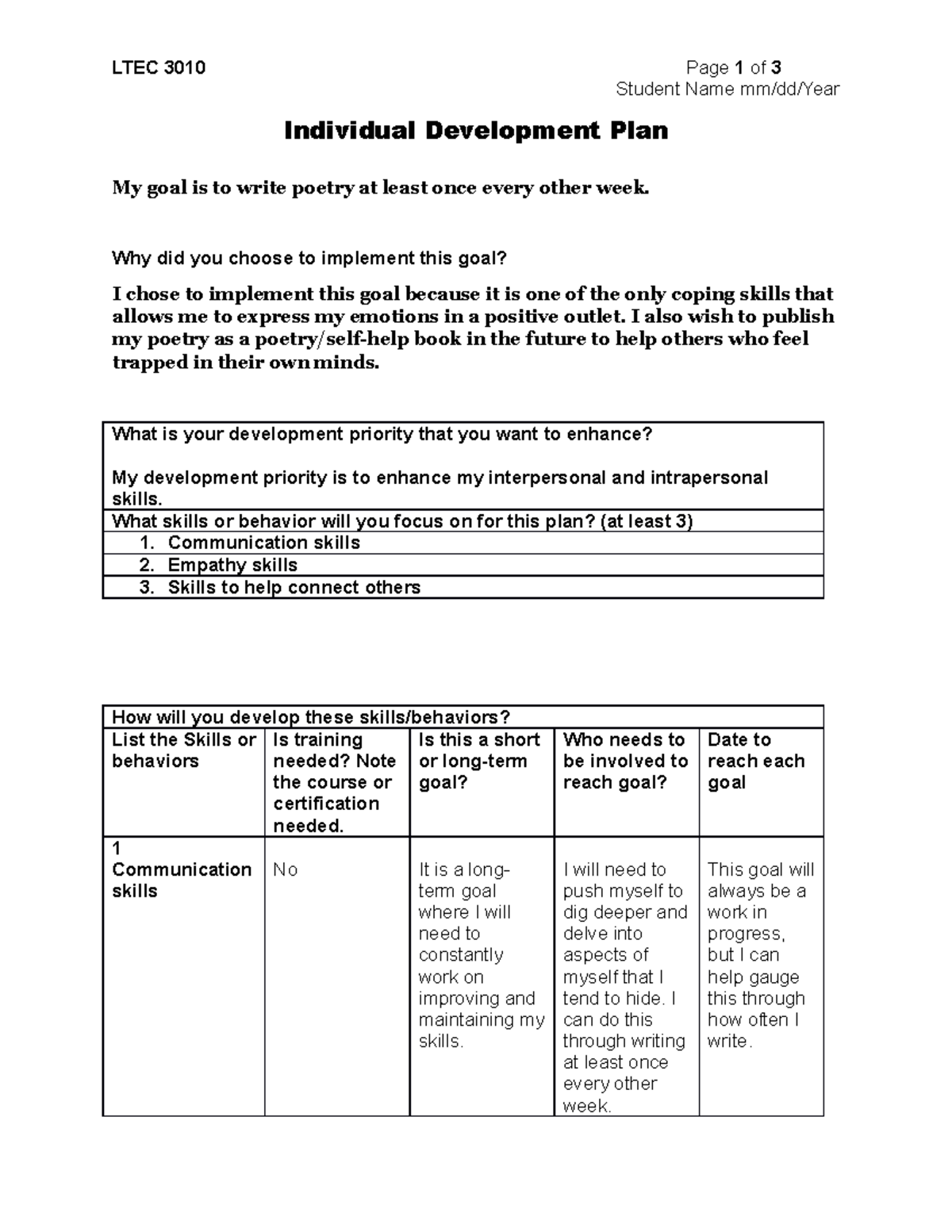 Assignment 14: Individual Development Plan - LTEC 3010 Page 1 of 3 ...