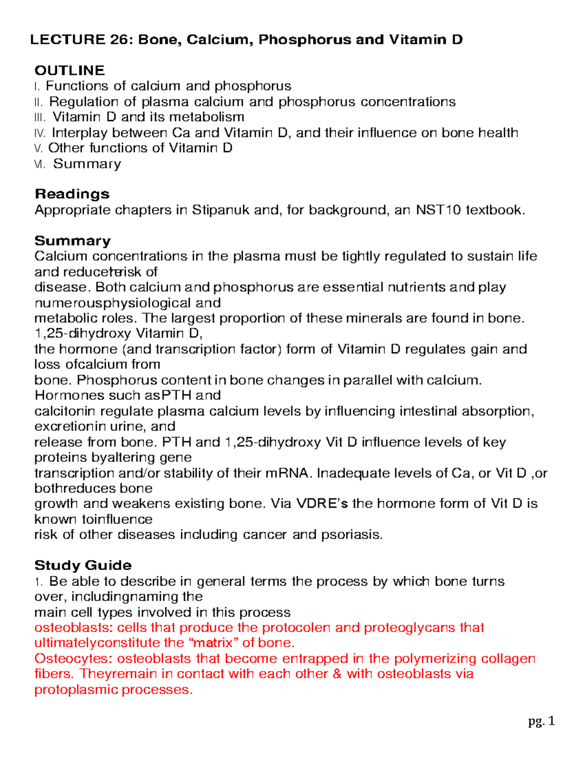 Lecture 26 bone ca p vit D study guide 2 - LECTURE 26: Bone, Calcium, Phosphorus and Vitamin D ...