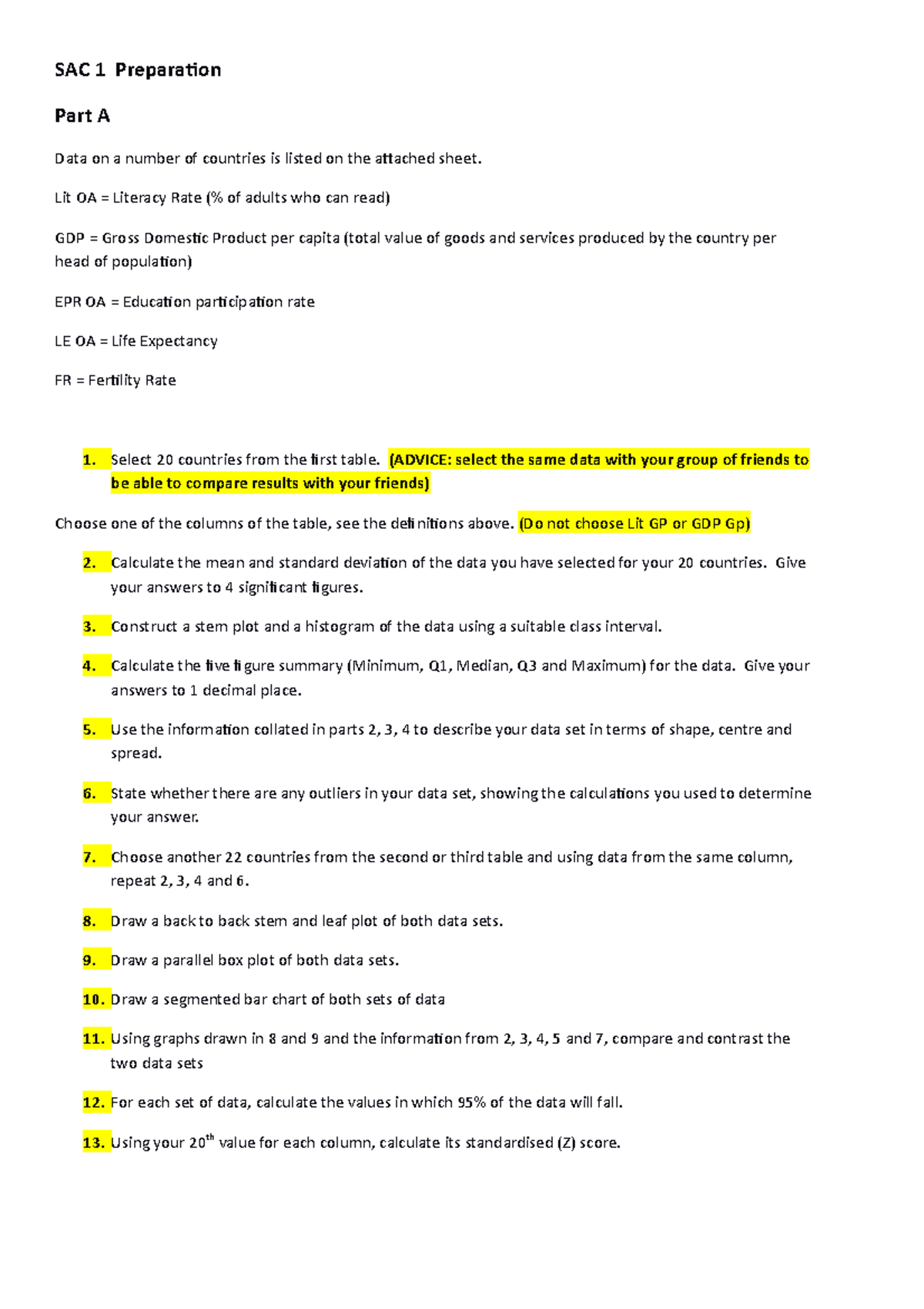 SAC 1 Preparation Practice - SAC 1 Prepara琀椀on Part A Data on a number ...