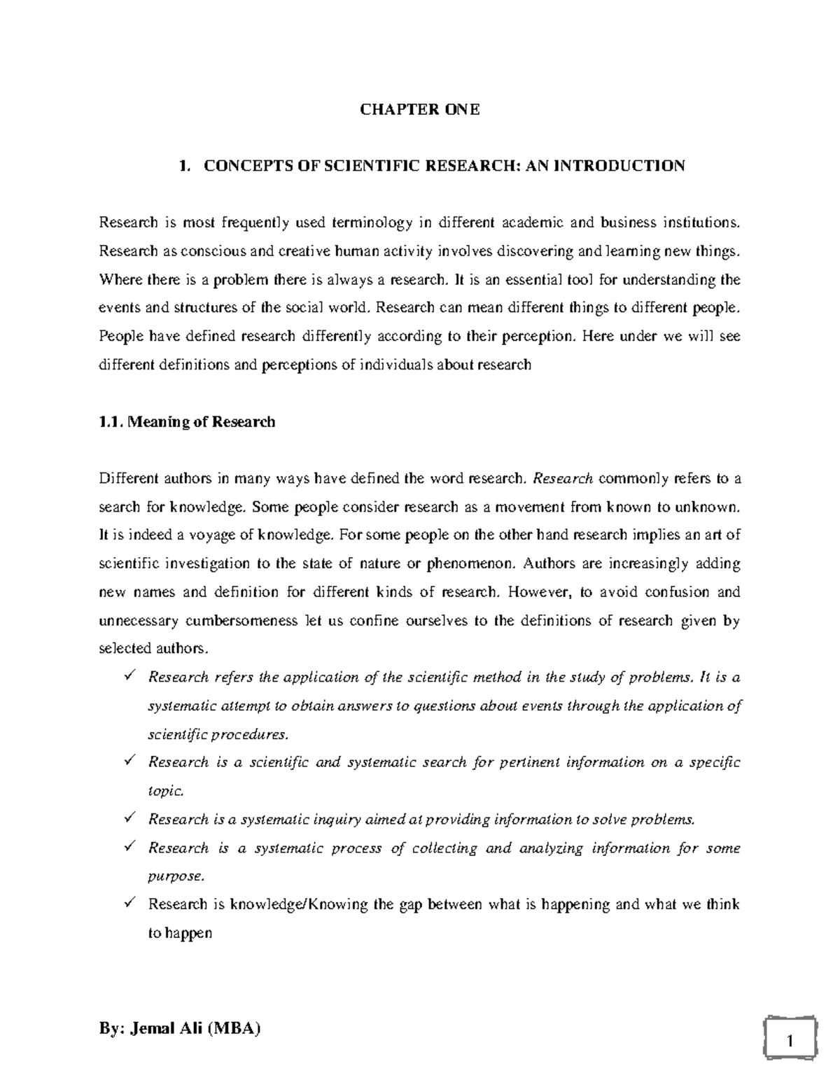 Chapter ONE orginal - Introduction to Research Method - By: Jemal Ali ...