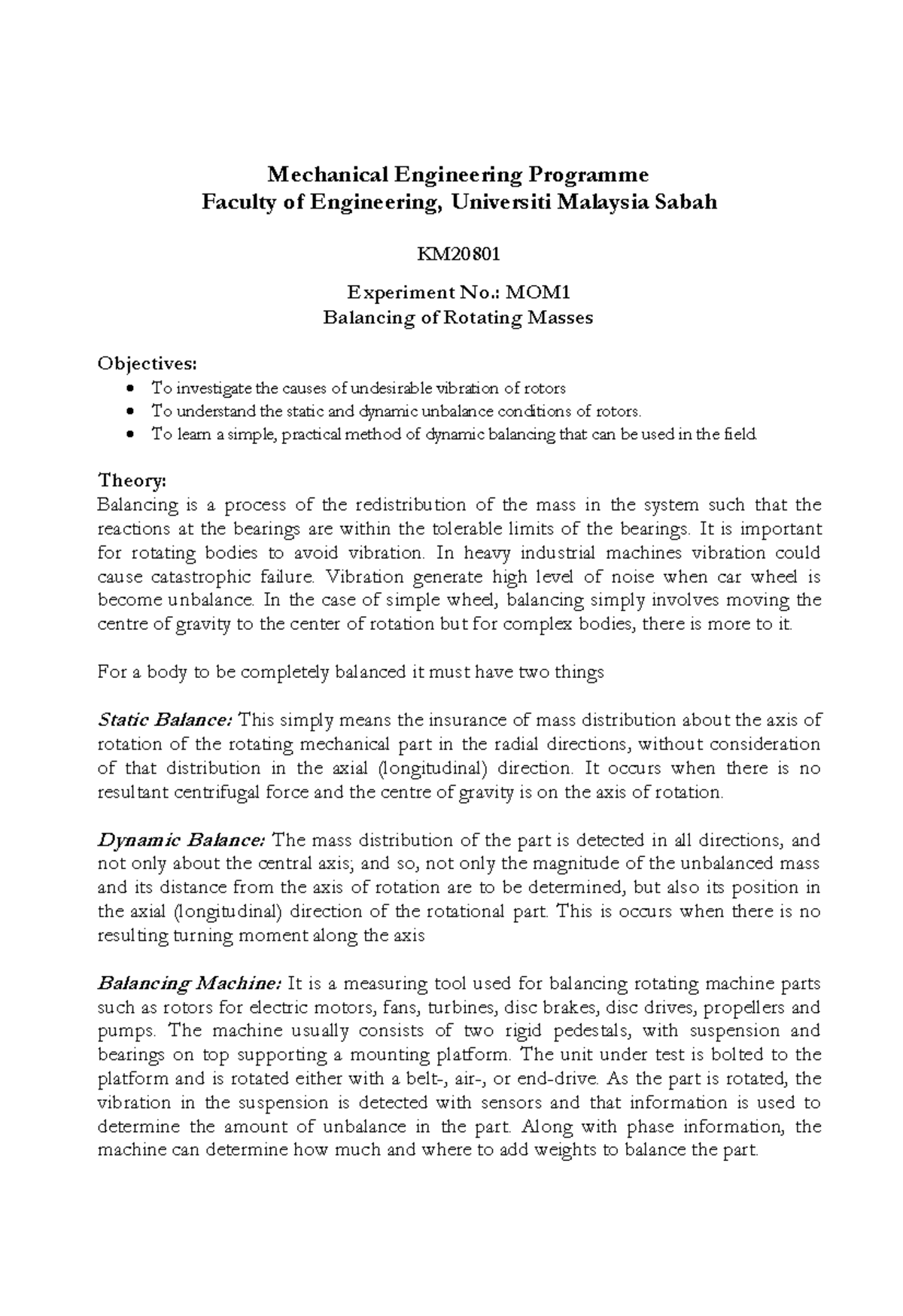 MOM1 Ver 3 - Lab report mechanics of machine - Mechanical Engineering ...