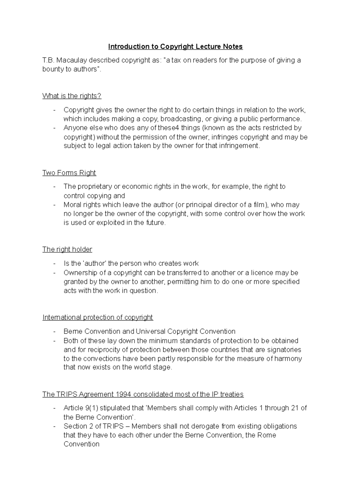 Introduction to Copyright Lecture Notes - Macaulay described copyright ...