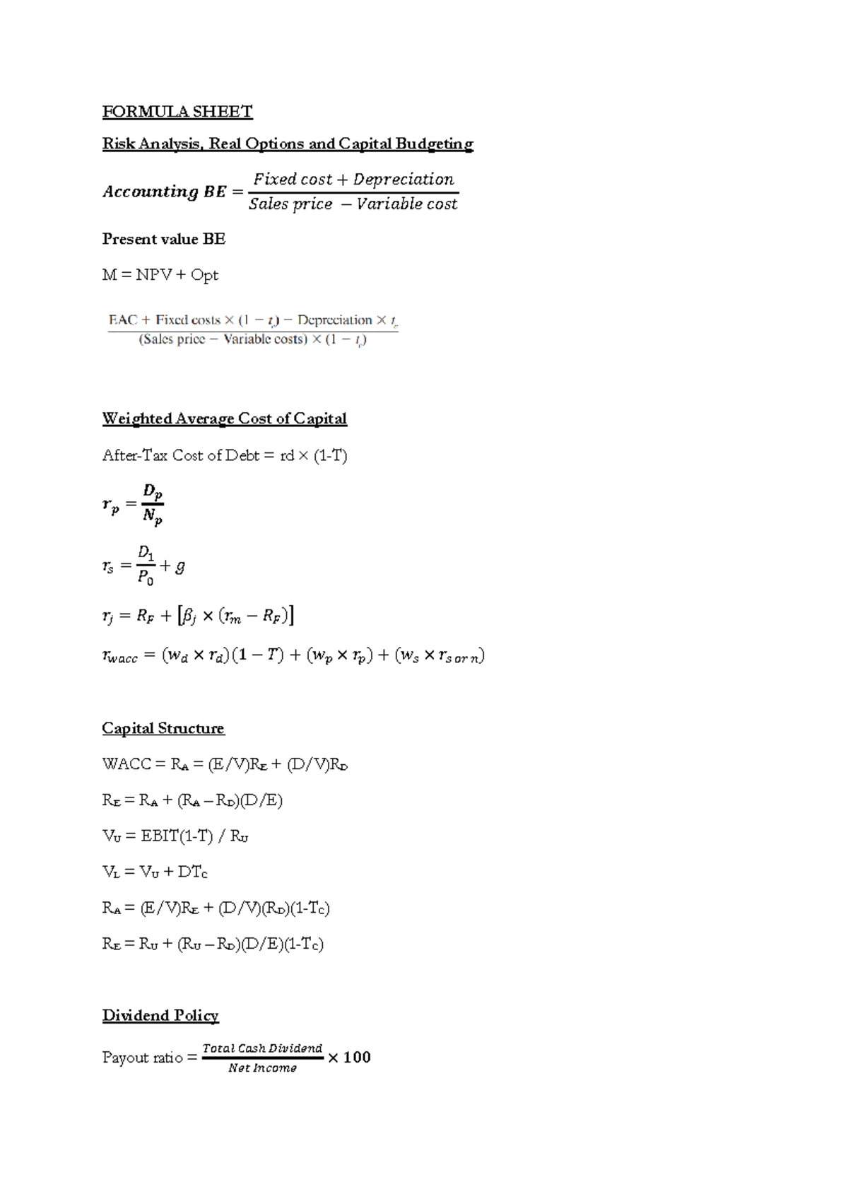 Formula Sheet - FORMULA SHEET Risk Analysis, Real Options and Capital ...