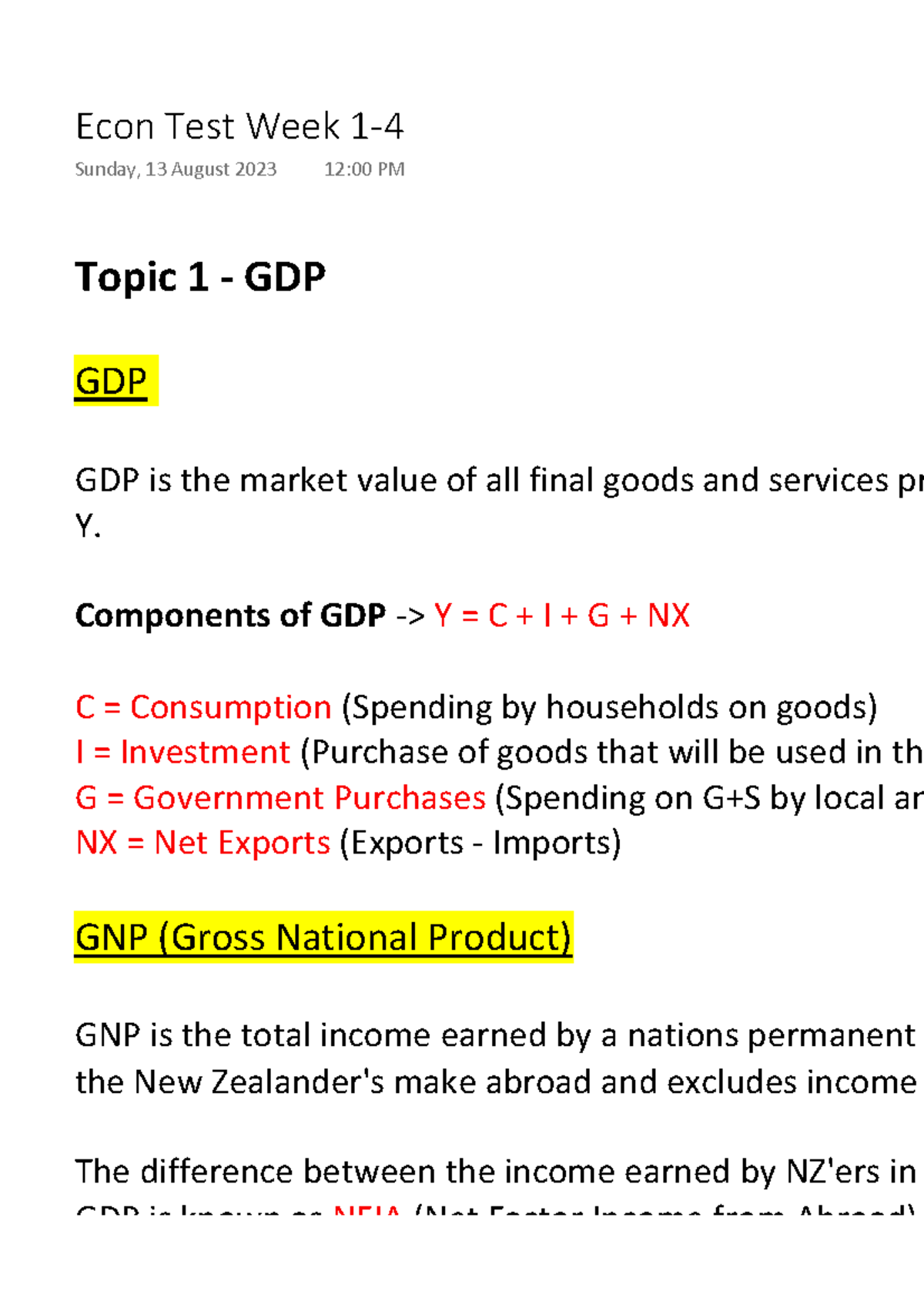 Econ Test 1 Content Week 1-4 - Topic 1 - GDP GDP GDP is the market ...