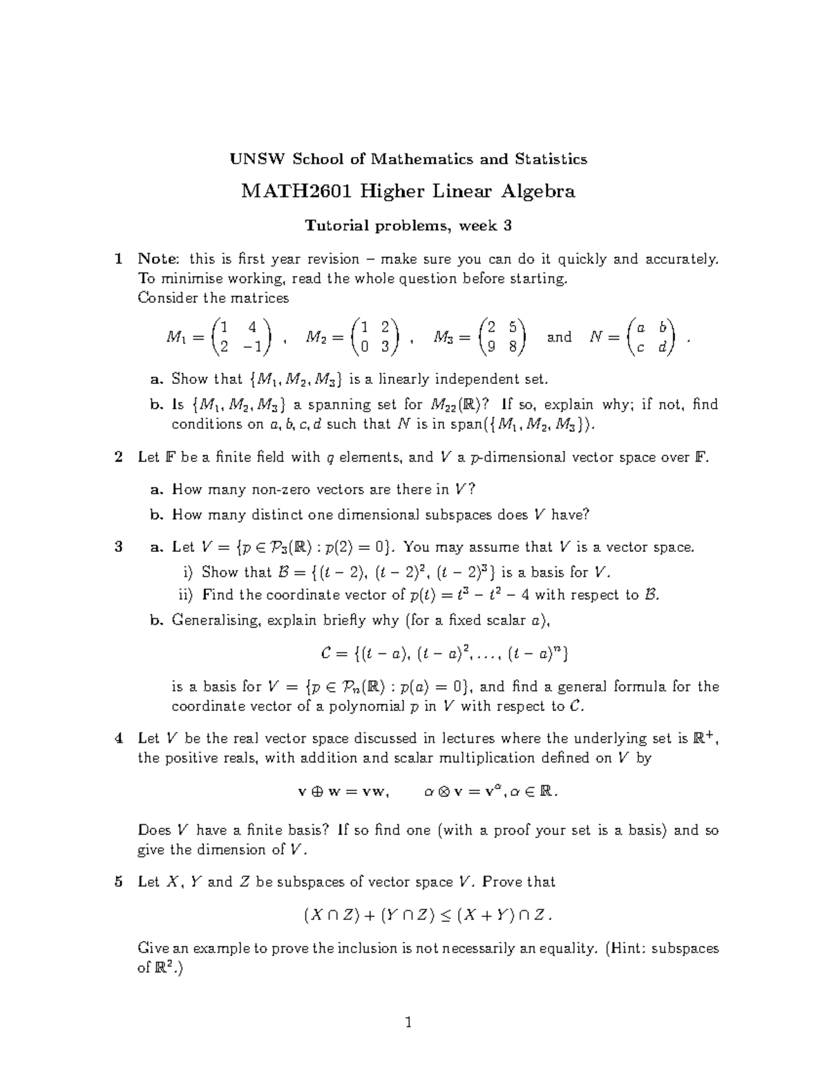 Tutorial 03 - questions Linear Maps - UNSW School of Mathematics and ...