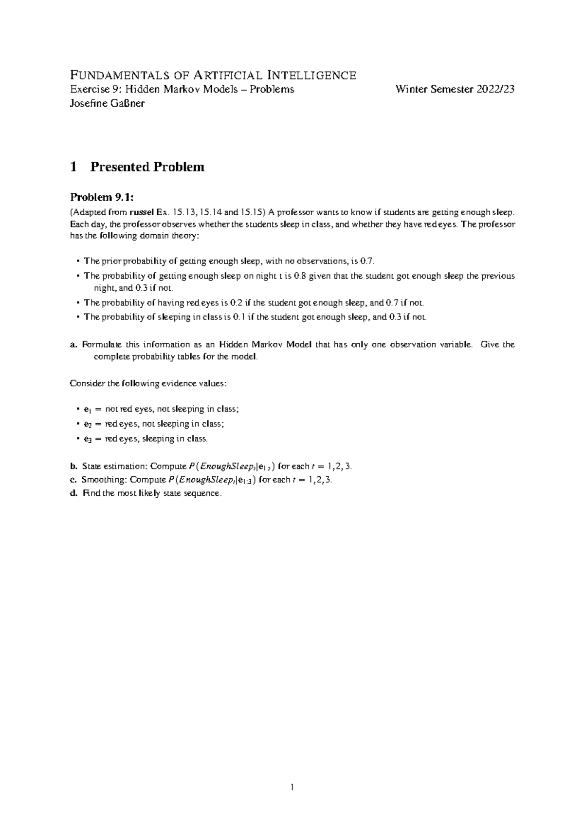 Exercise 9 Bayesian Networks Fundamentals Of Artificial Intelligence Exercise 9 Hidden