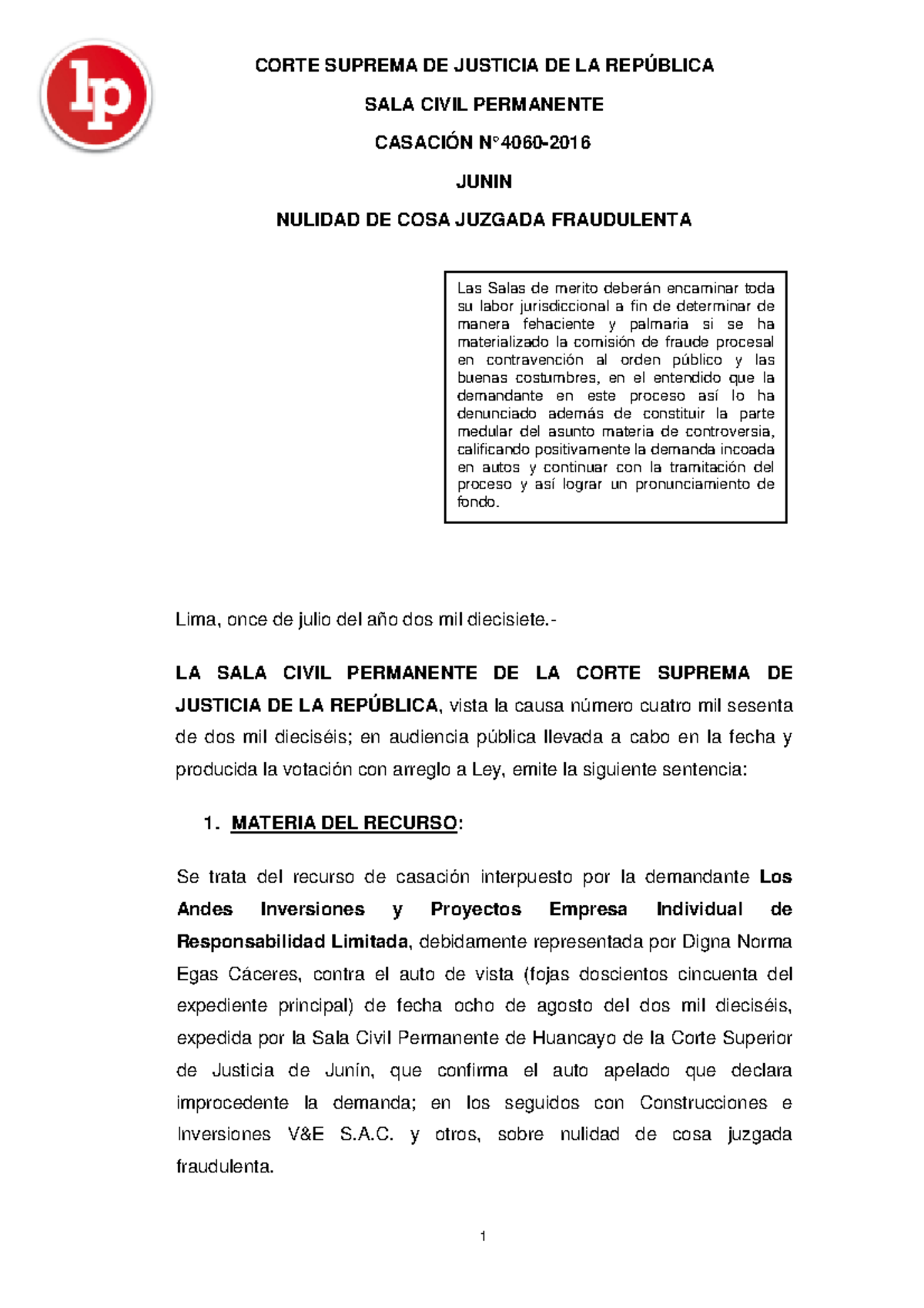 Casación 4060 2016 Junín LP - SALA CIVIL PERMANENTE CASACIÓN N° 4060 ...