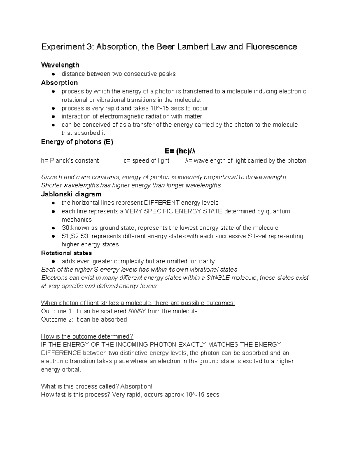 Chem 2720 Expts - point form notes - Experiment 3: Absorption, the Beer ...