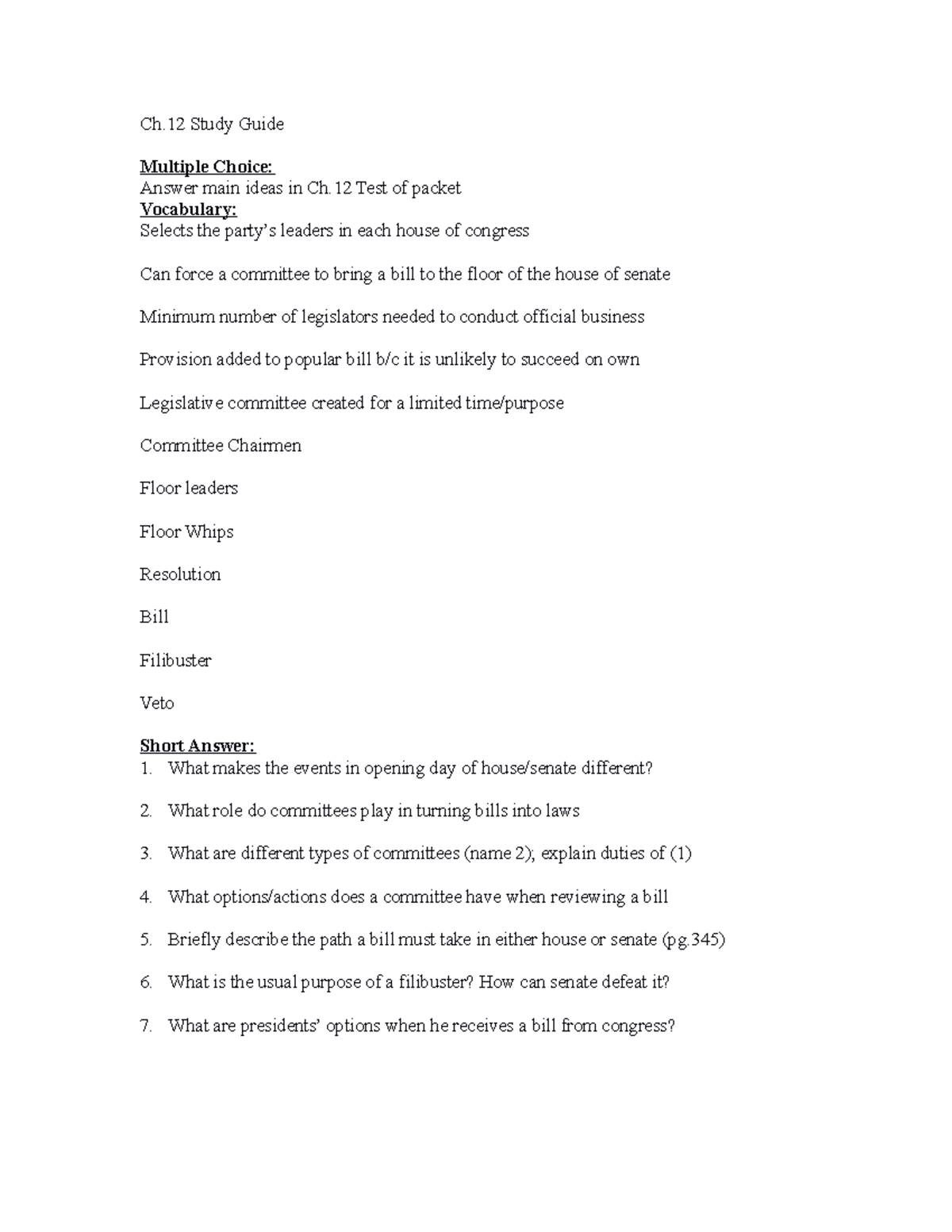 Ch. 12 Study Guide - Multiple Choice: Answer main ideas in Ch.12 Test ...