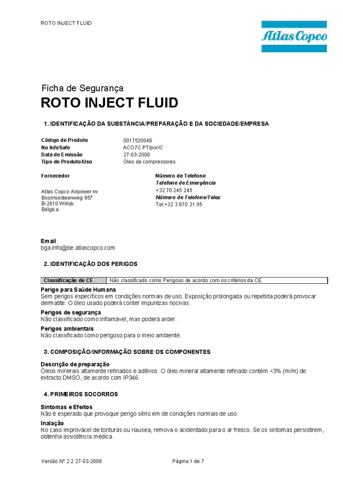 Atlas-copco-brasil-ltda-Ã“leo-roto-inject-fluid 2008-03-27 - - Studocu