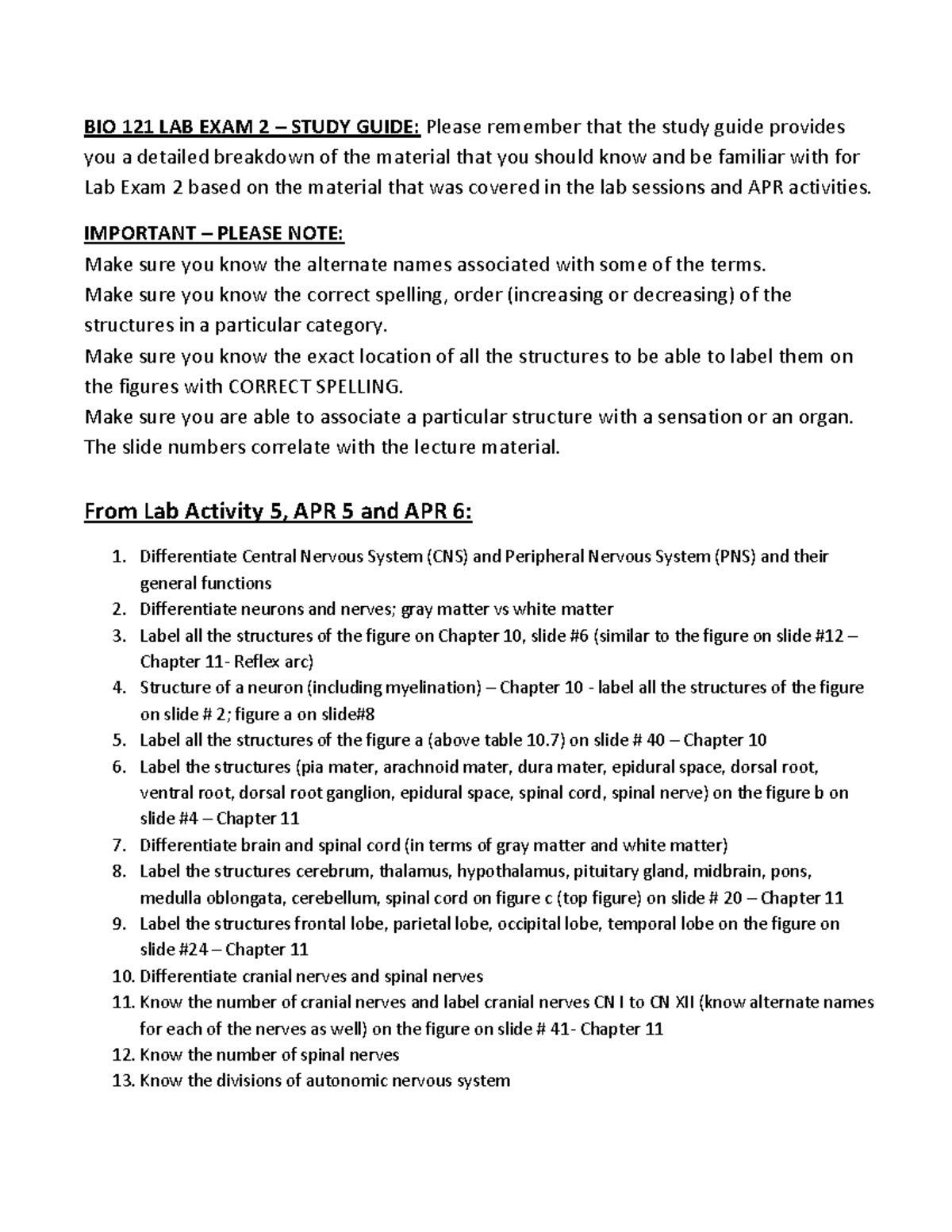 Lab Exam 2 - Study Guide - BIO 121 LAB EXAM 2 – STUDY GUIDE: Please ...