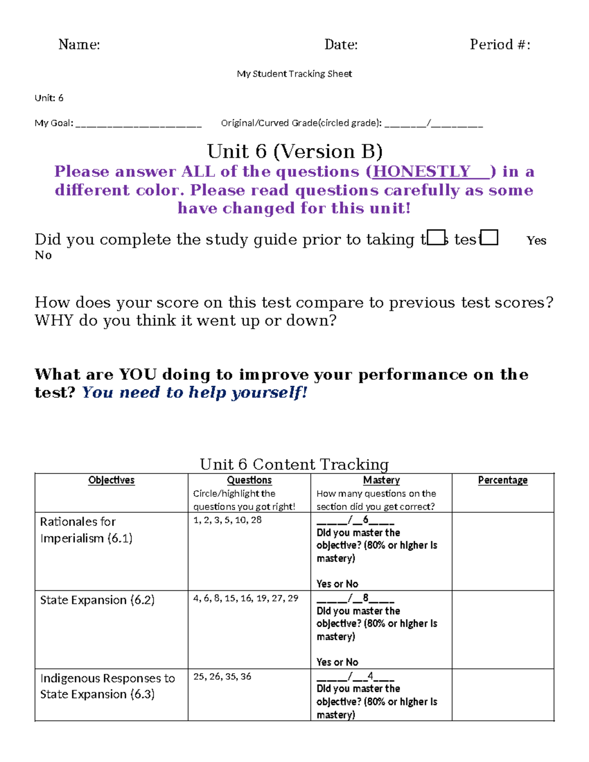 Unit 6 Data Tracker Version B - My Student Tracking Sheet Unit: 6 My ...