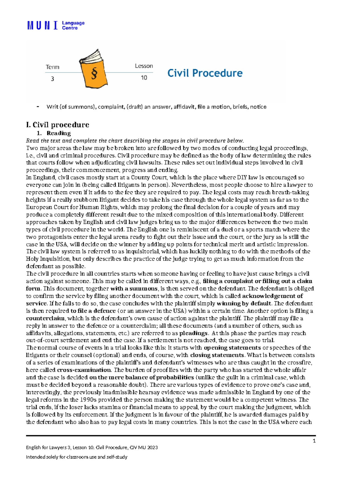 Lesson 10 Civil Procedure - Writ (of summons), complaint, (draft) an ...