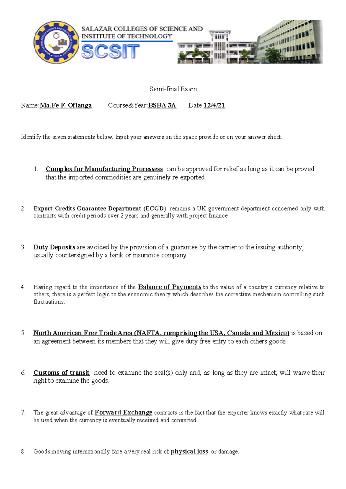 Semi-final examma FE - mkt - Semi-final Exam Name: Ma F. Ofianga Course ...