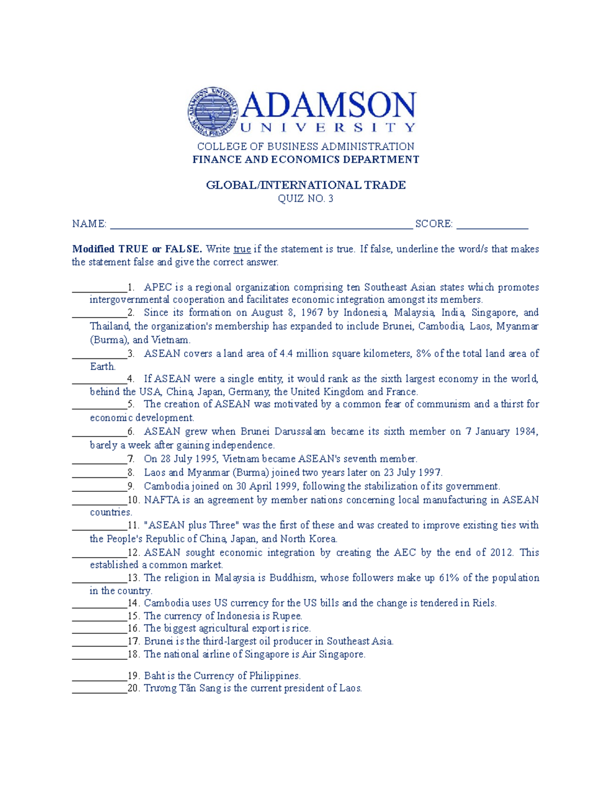 Global International Trade quiz - COLLEGE OF BUSINESS ADMINISTRATION ...