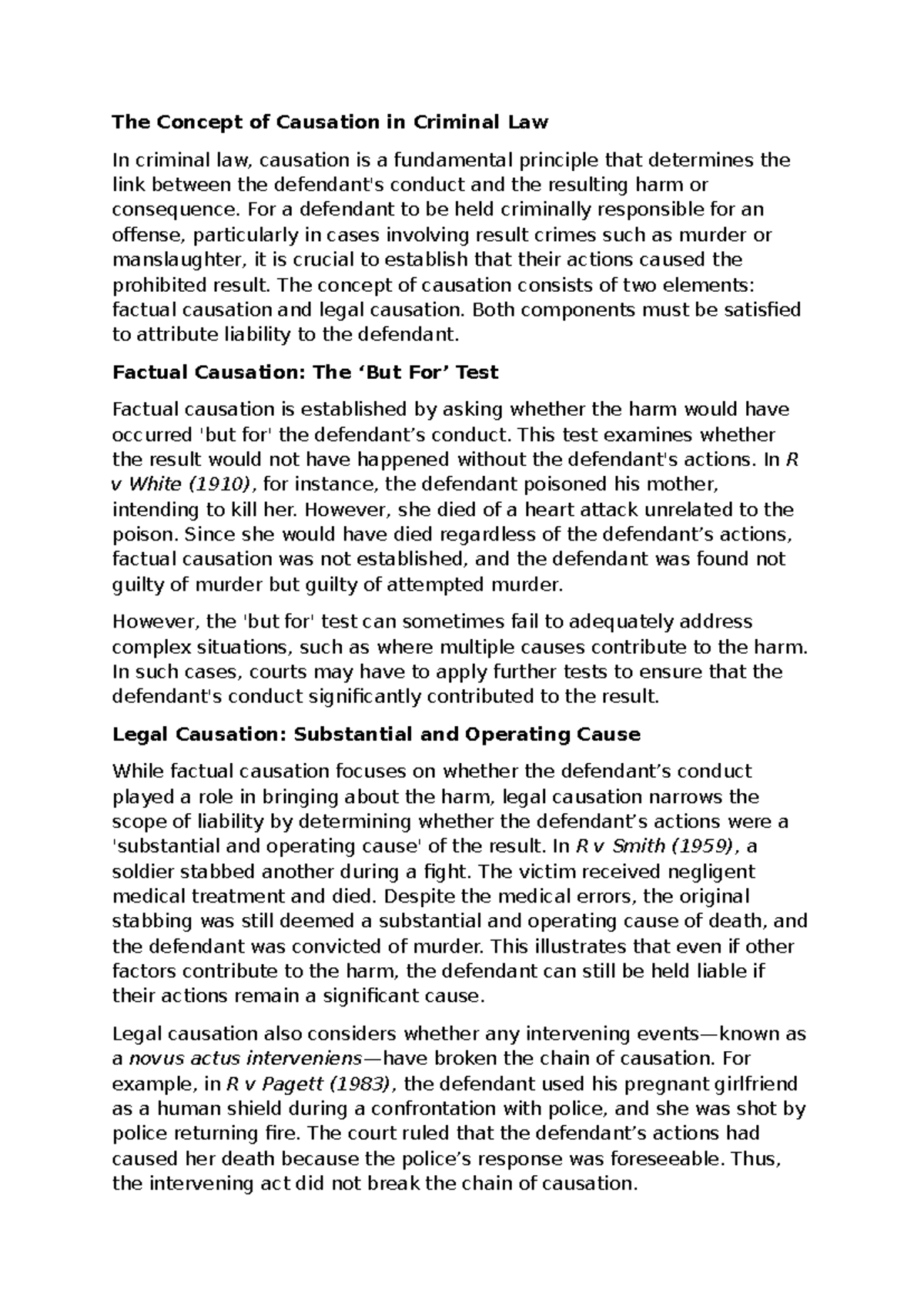 The Concept of Causation in Criminal Law - For a defendant to be held ...