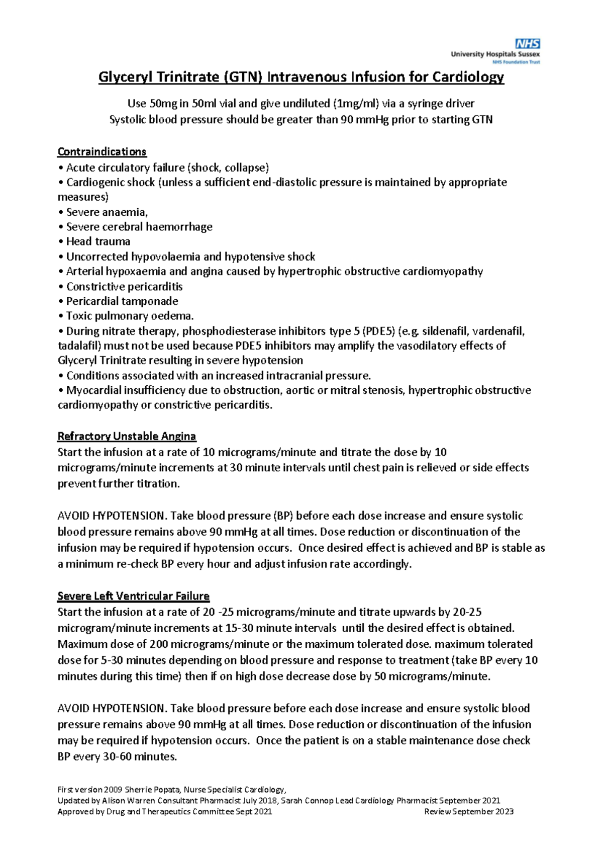 Glyceryl Trinitrate Infusion September 2021 final - First version 2009 ...