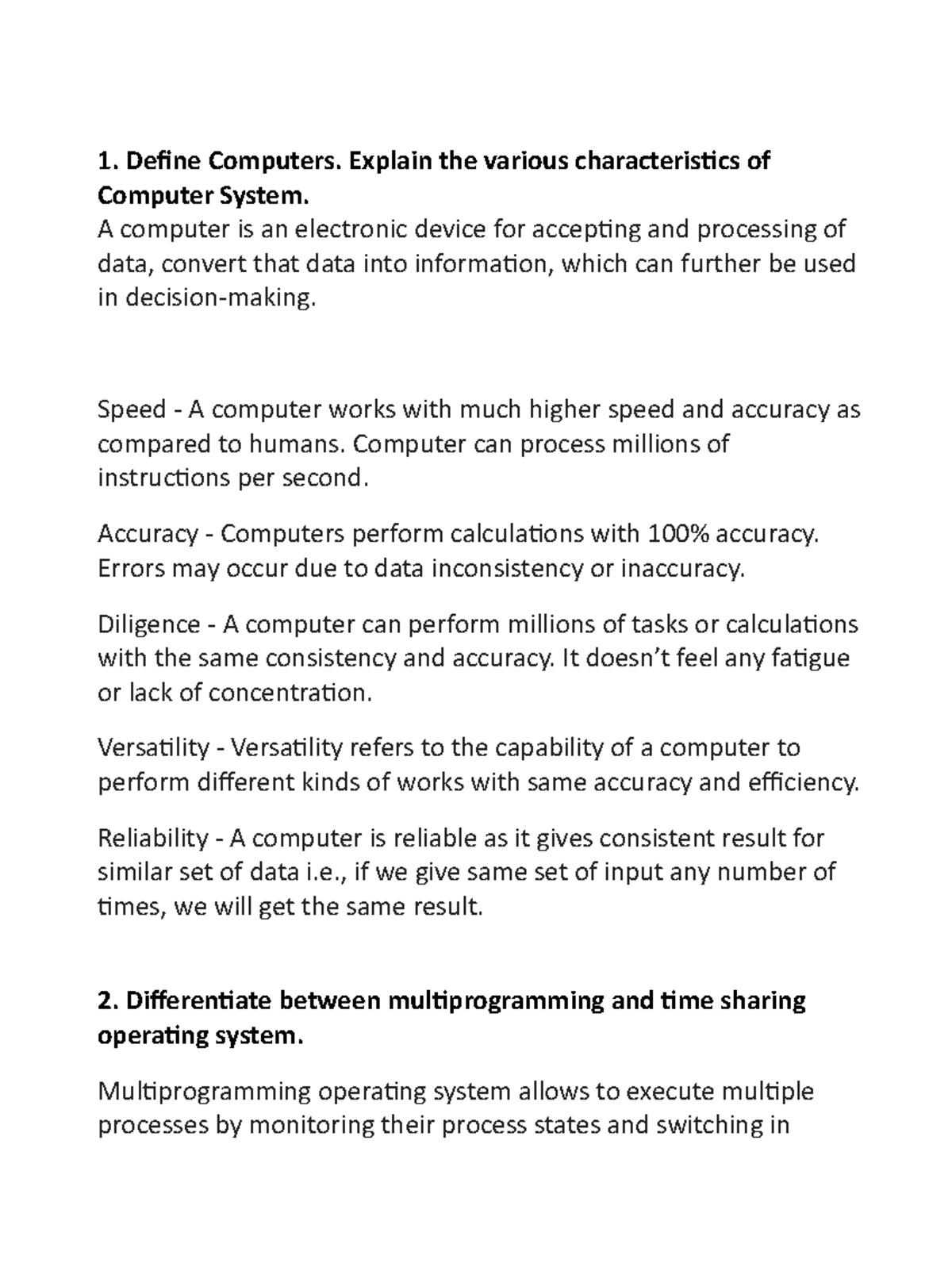 Fit assignments - Define Computers. Explain the various characteristics ...