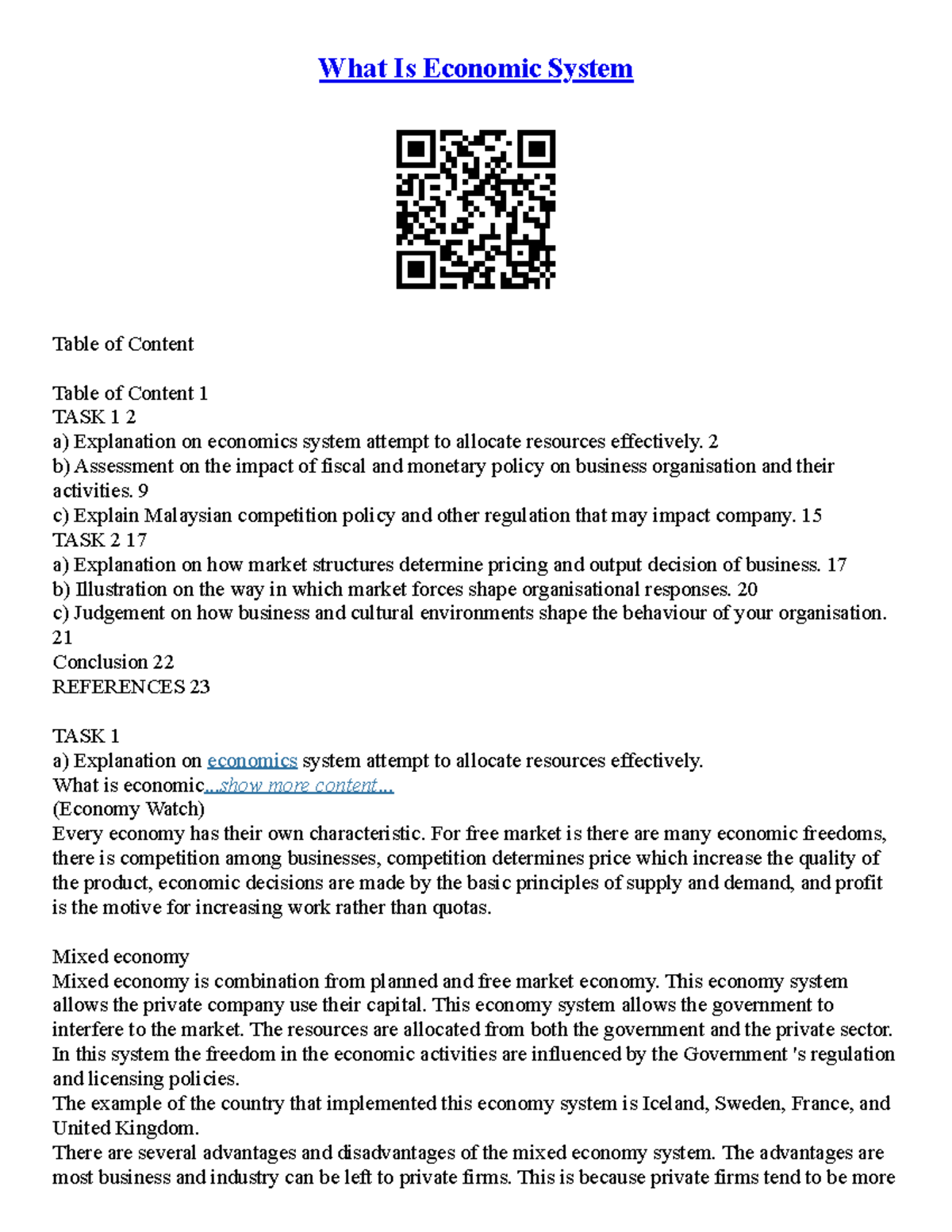 Economic Essay Topics - What Is Economic System Table of Content Table ...