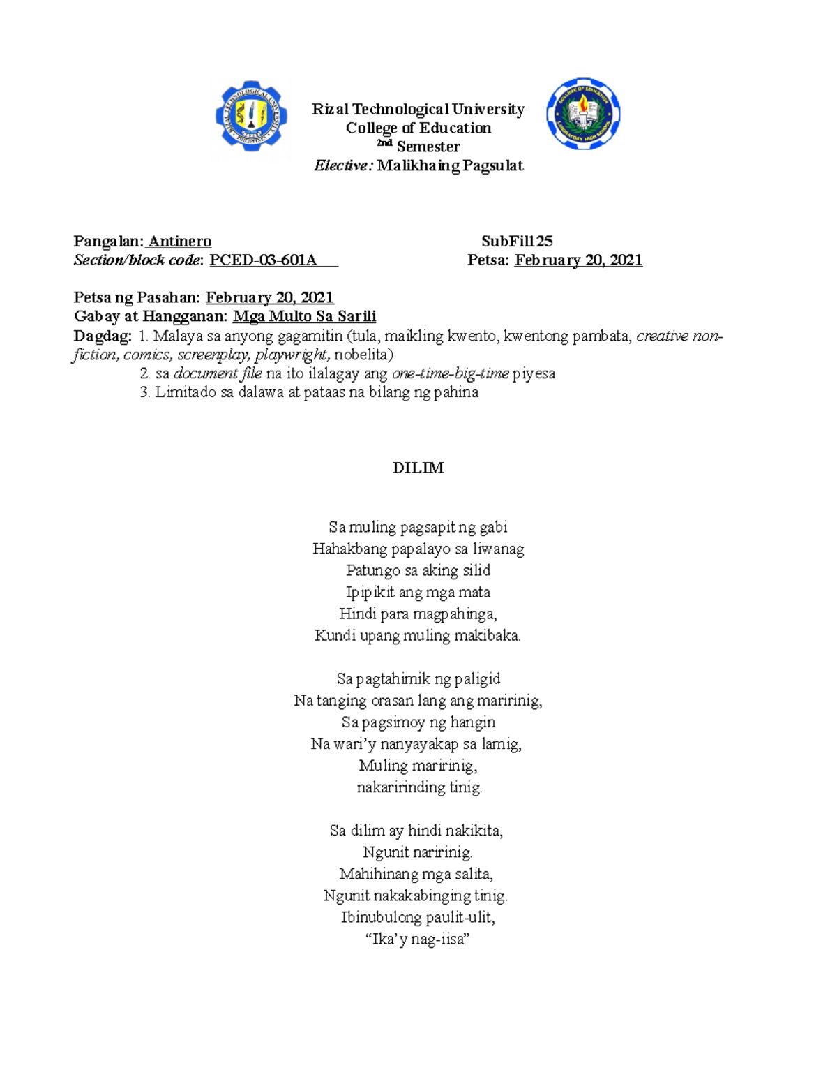 Halimbawa ng Tula - Rizal Technological University College of Education ...