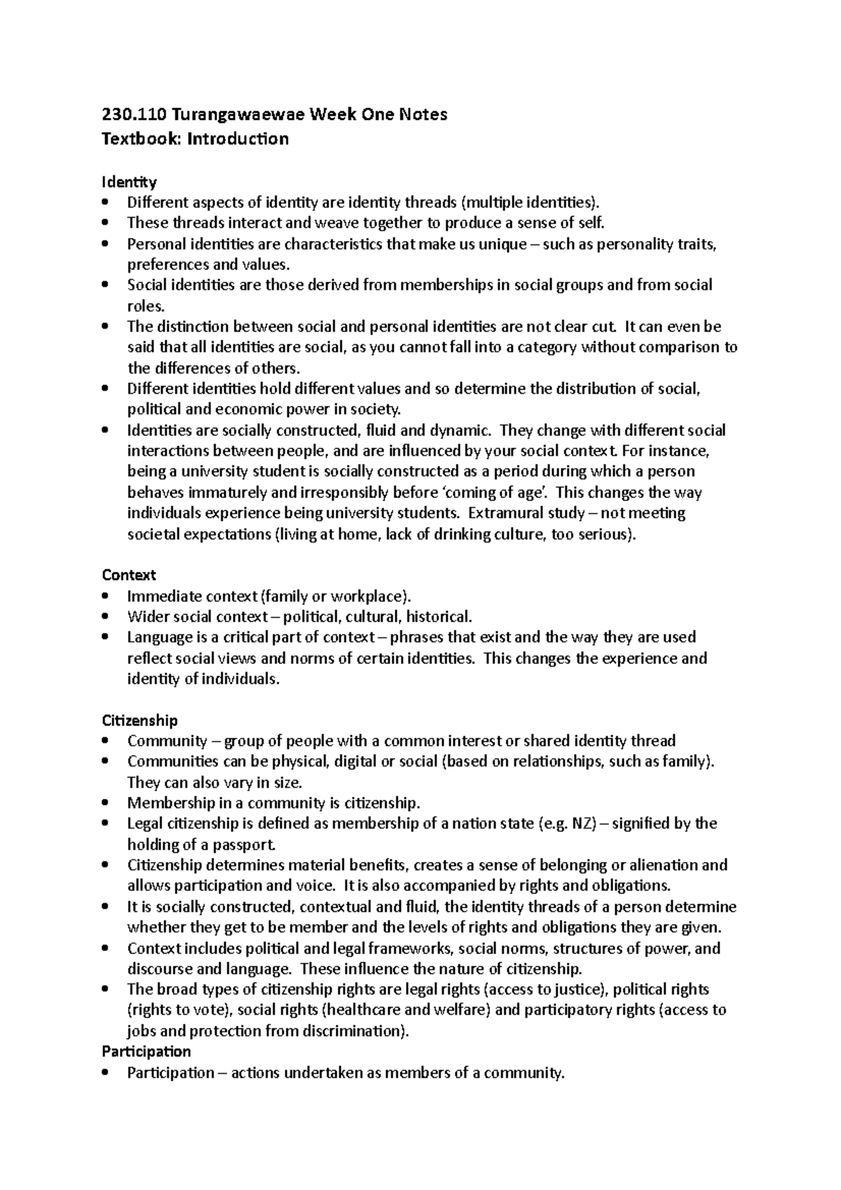 Week One Notes - Summary of all content from week - 230 Turangawaewae ...