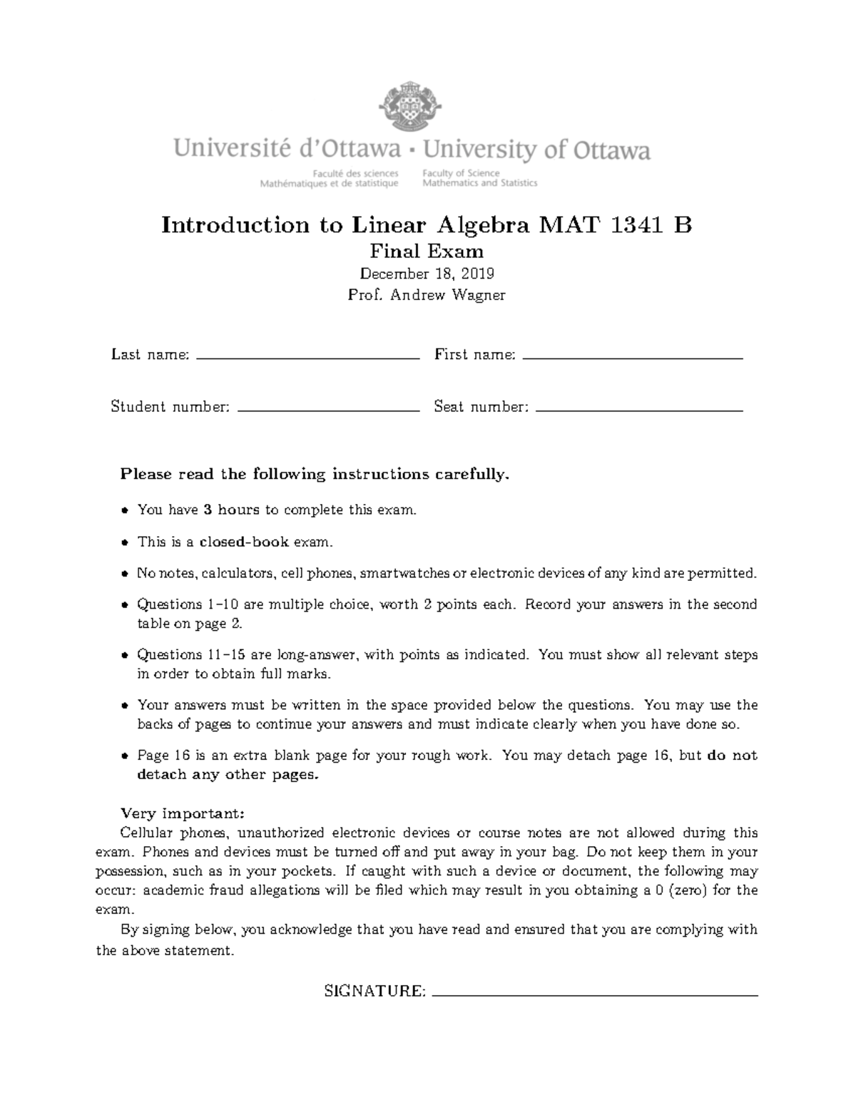 MAT1341 B Final Exam Solutions - Introduction to Linear Algebra MAT ...