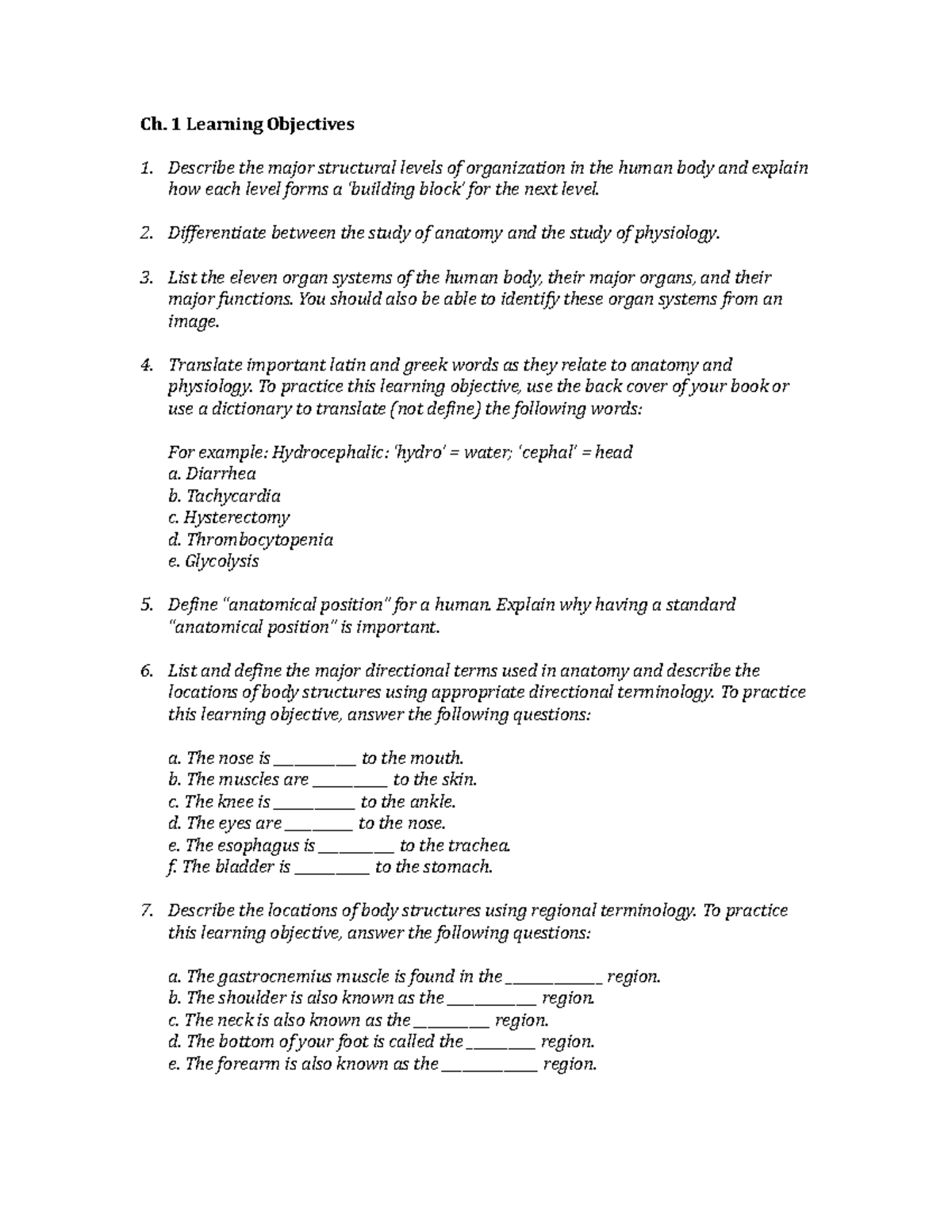 Ch. 1 (Intro to A and P) Learning Objectives - Ch. 1 Learning ...