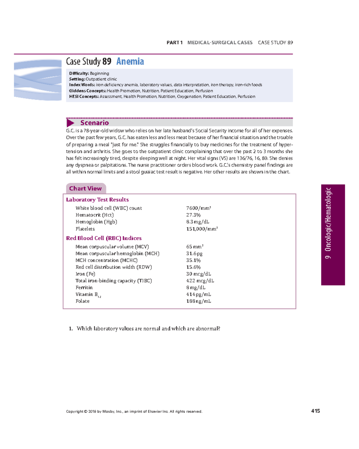 Case Study 89 Anemia - sdf - Case Study 89 Anemia Difficulty: Beginning Setting: Outpatient ...