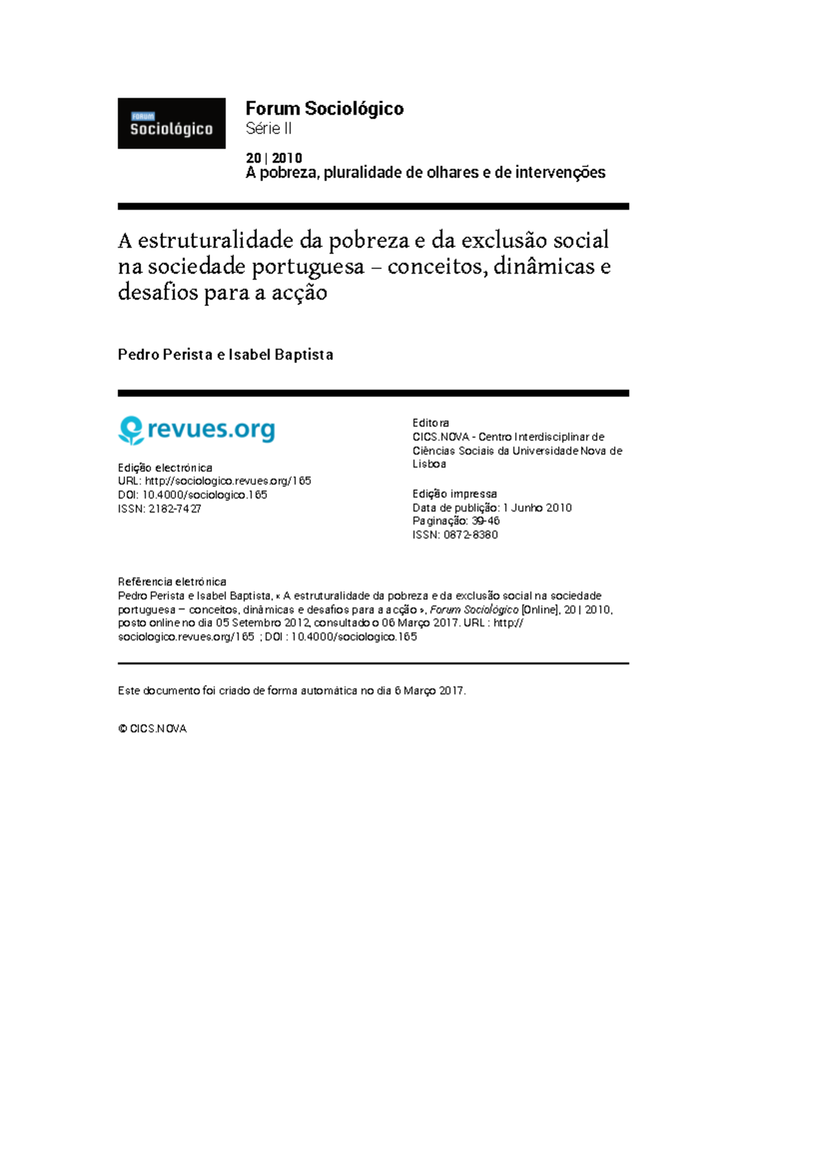 Perista e Baptista - Exclusão social - Forum Sociológico Série II ...