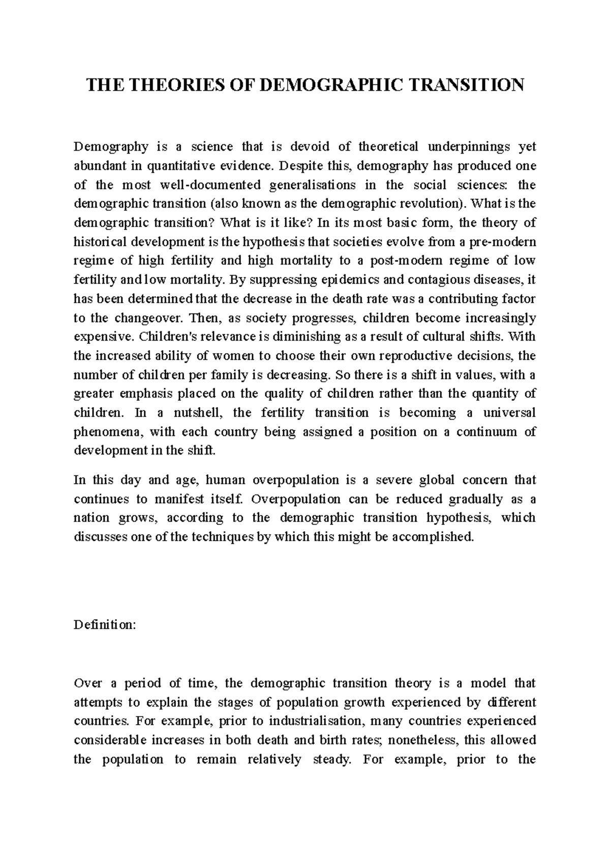 THE Theories OF Demographic Transition - THE THEORIES OF DEMOGRAPHIC ...