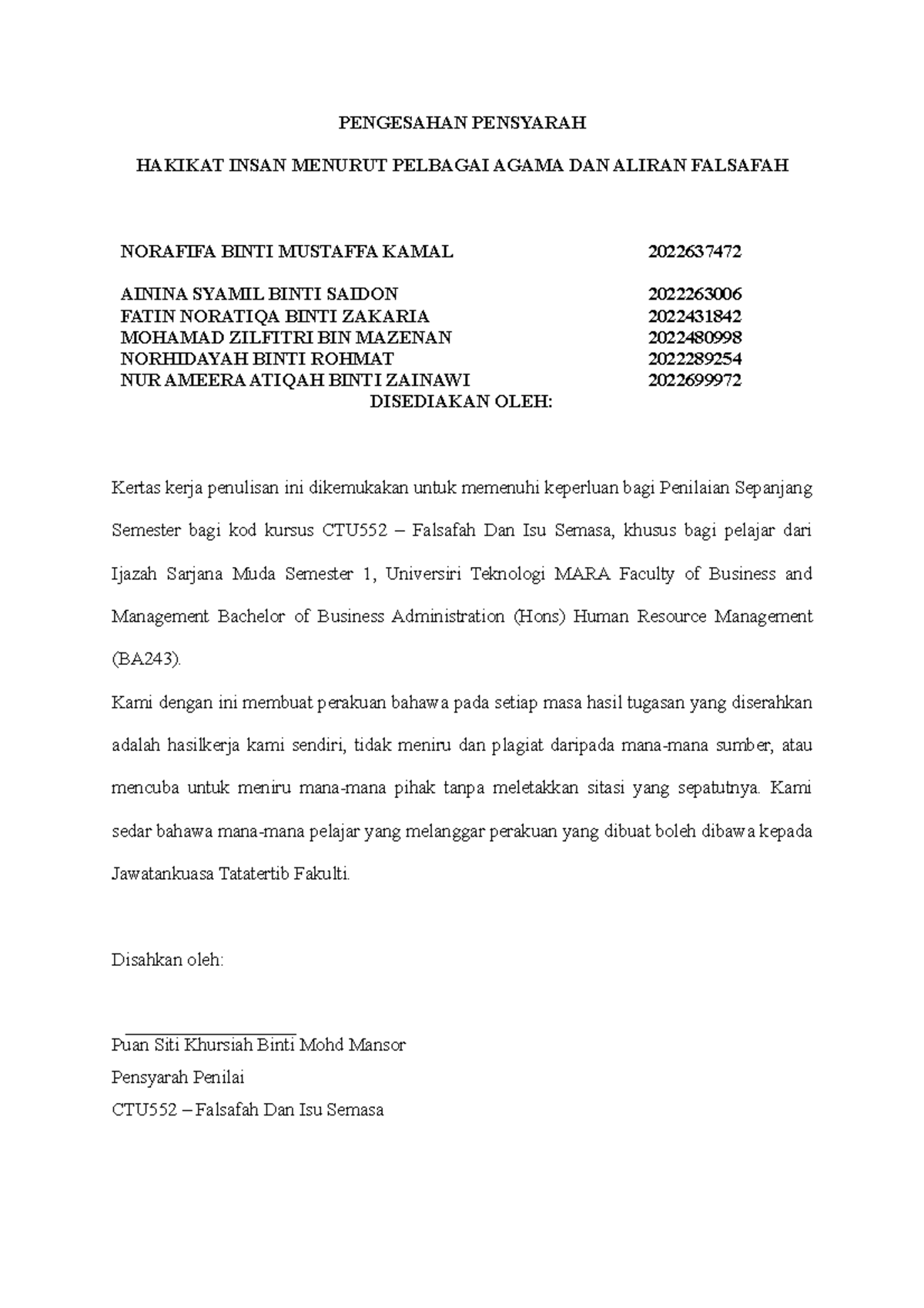 Pengesahan Pensyarah - ctu552 - PENGESAHAN PENSYARAH HAKIKAT INSAN ...