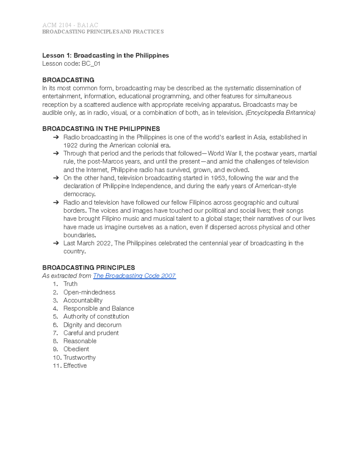 ACM 2104 - I. Broadcasting IN THE Philippines - ACM 2104 - BA1AC ...