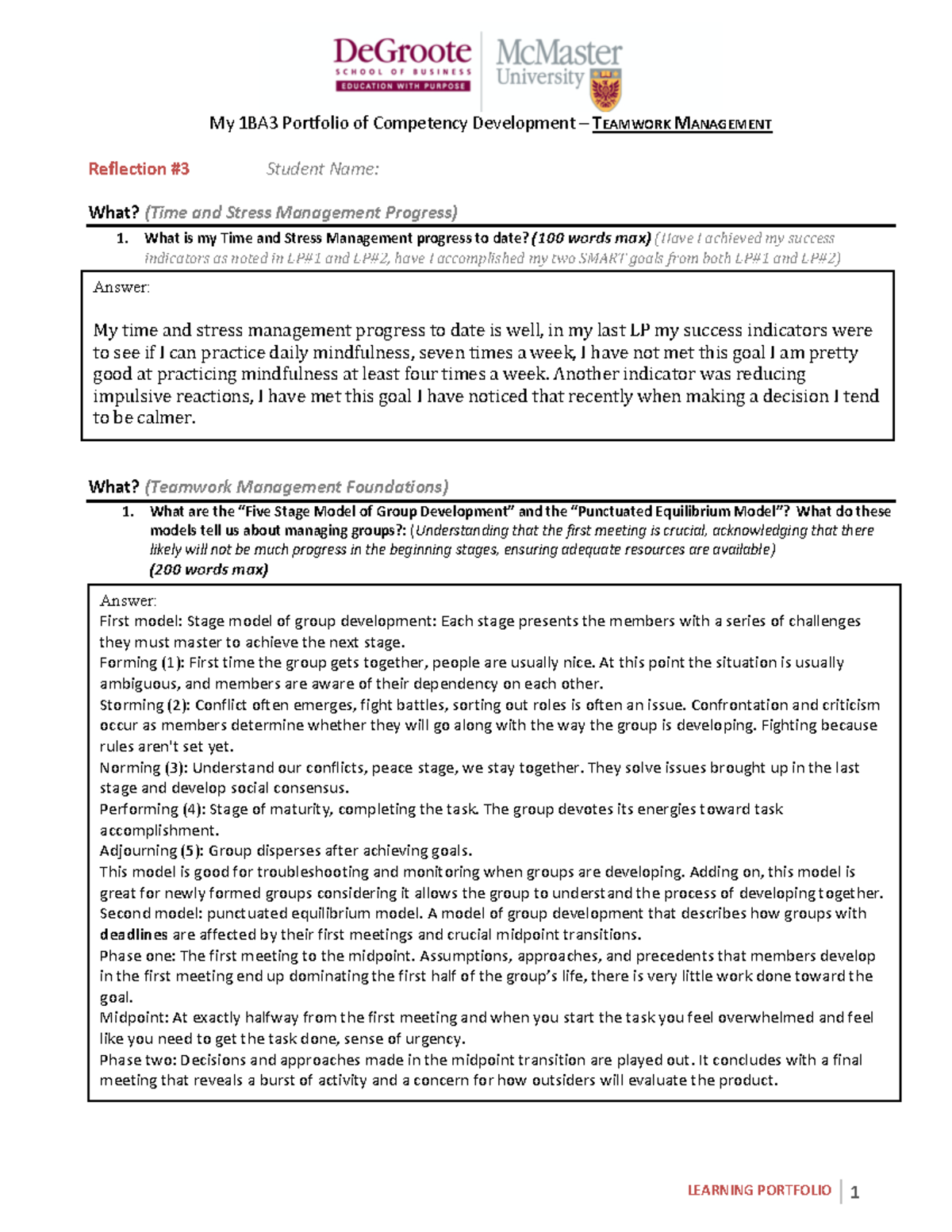 LP Reflection #3 - 1BA3 - Teamwork Management Template Fall 2023 ...