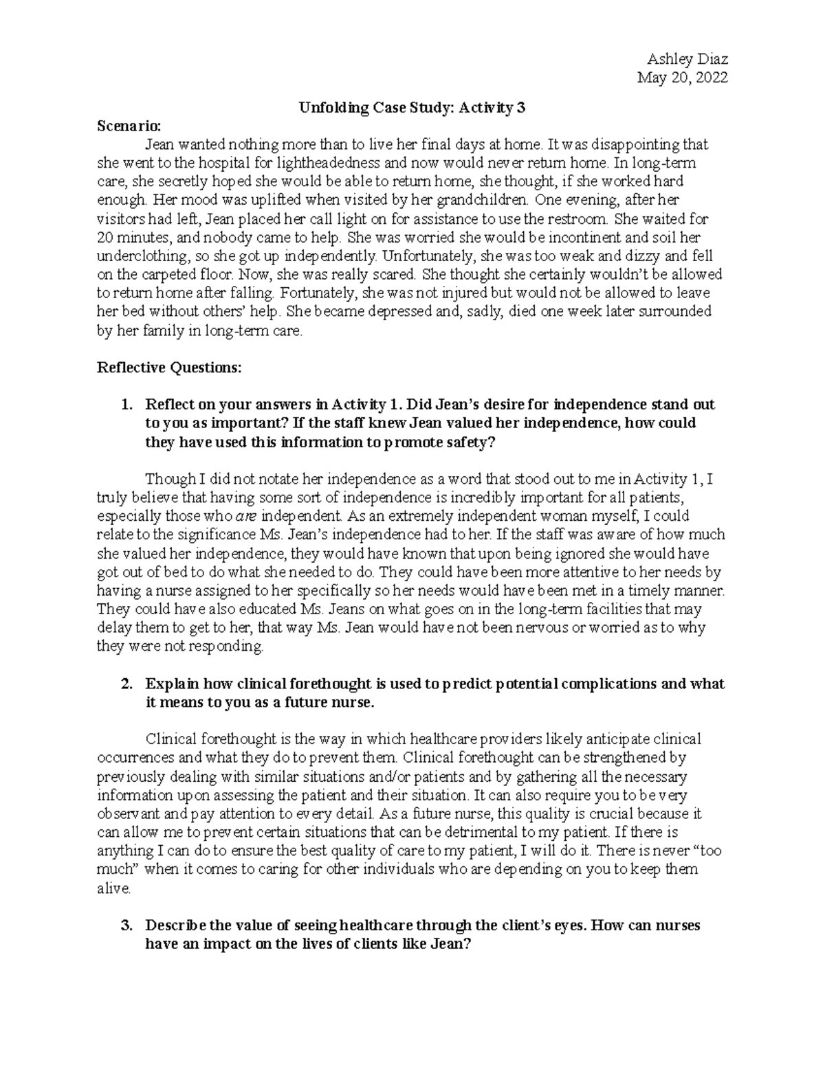 Unfolding case study 3 - Ashley Diaz May 20, 2022 Unfolding Case Study: Activity 3 Scenario ...