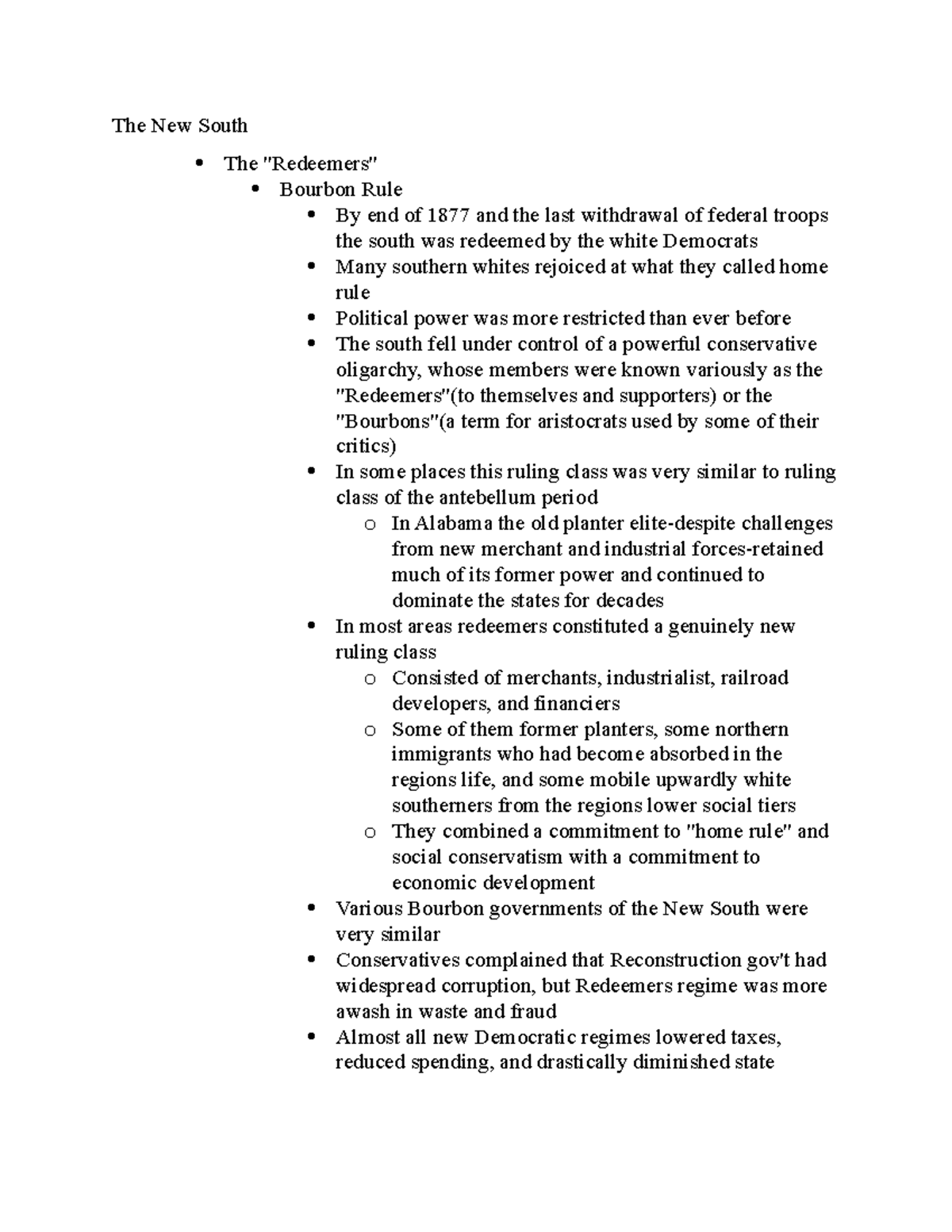 Reconstruction pt 4 - The New South The "Redeemers" Bourbon Rule By end ...