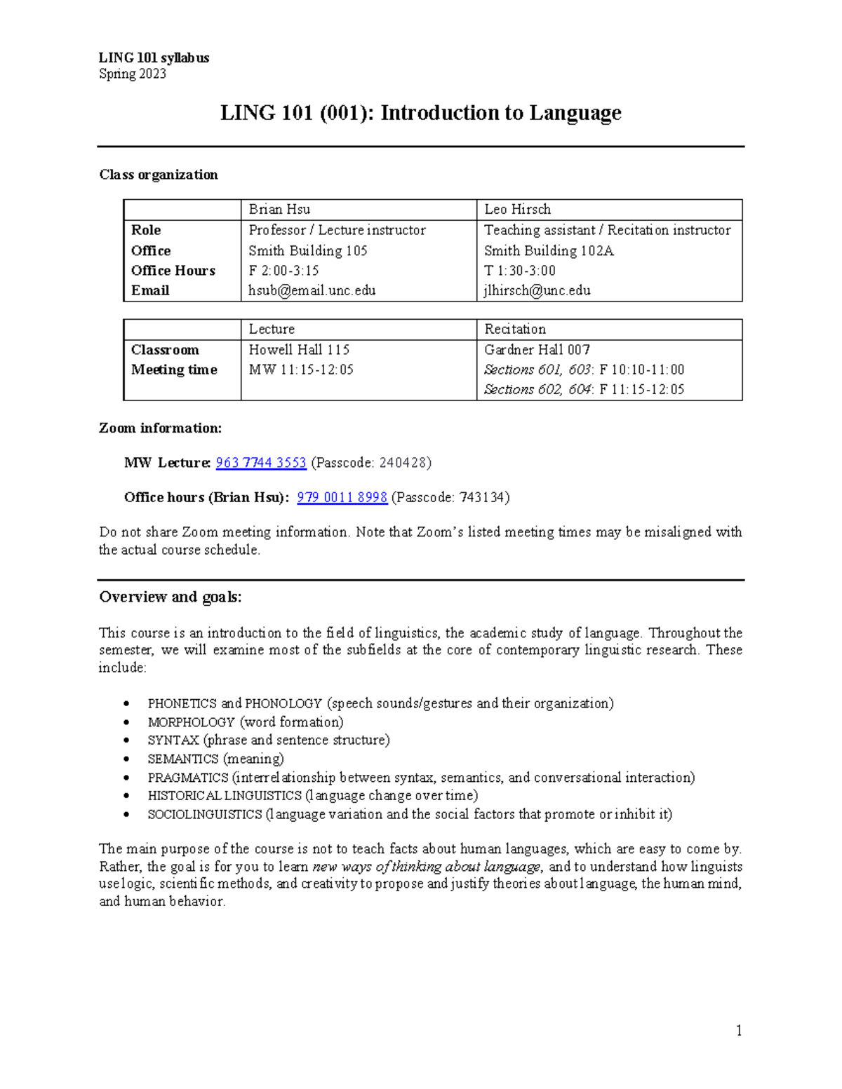 Ling 101 S2023 syllabus 1 - Spring 2023 LING 101 (001): Introduction to Language Class ...