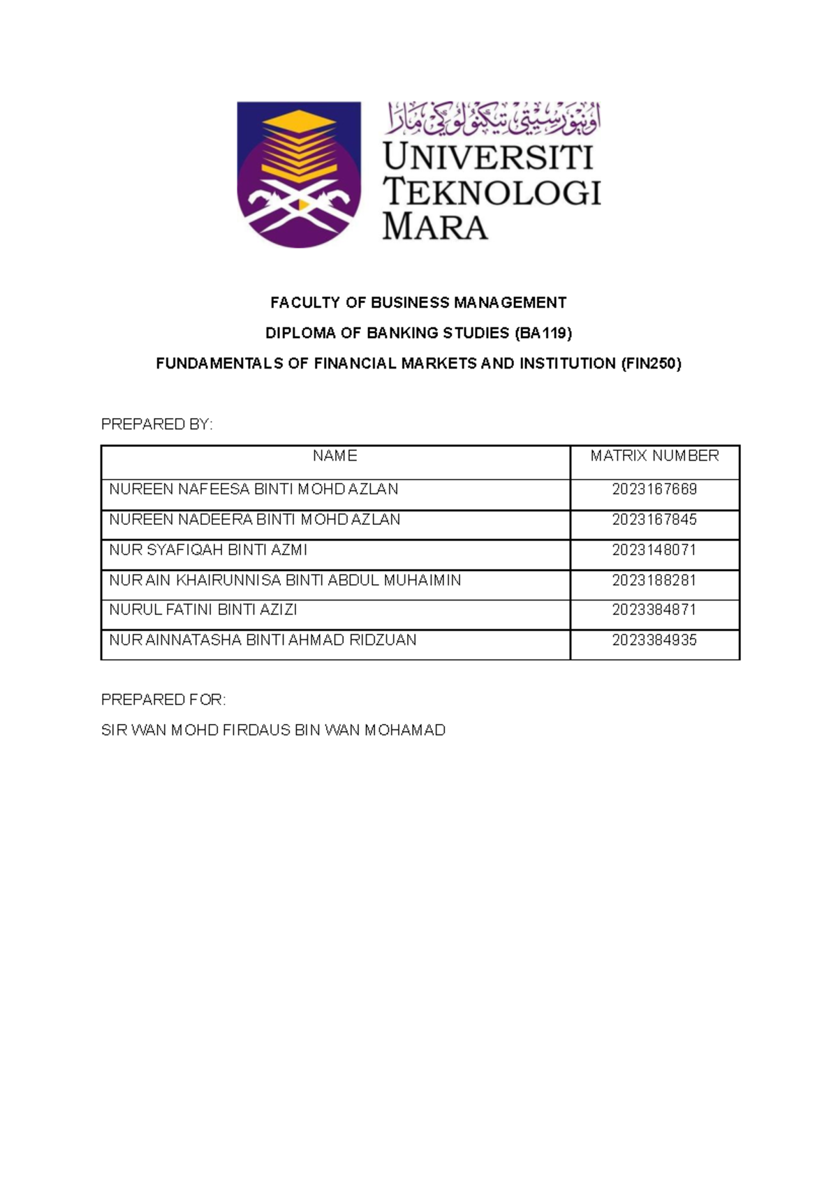 Report Group Assignment FIN250 (MGS) - FACULTY OF BUSINESS MANAGEMENT ...